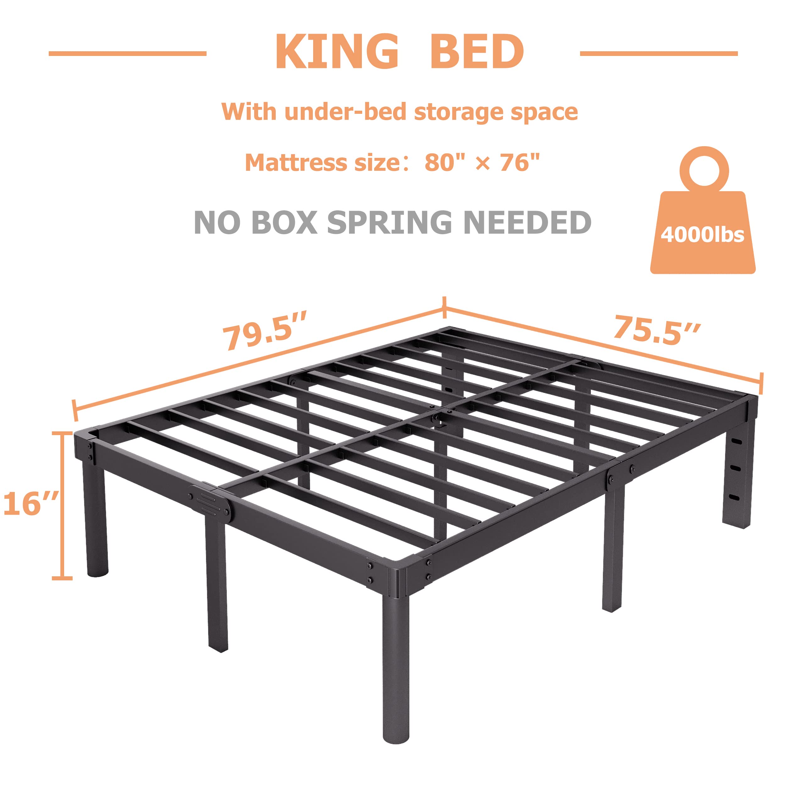 FDLOGW King Bed Frame, 16 Inch Metal Platform King Size Bed Frames with Round-Corner Leg, Heavy Duty Steel Slat Mattress Foundation, Easy Assembly, Noise-Free, No Box Spring Needed