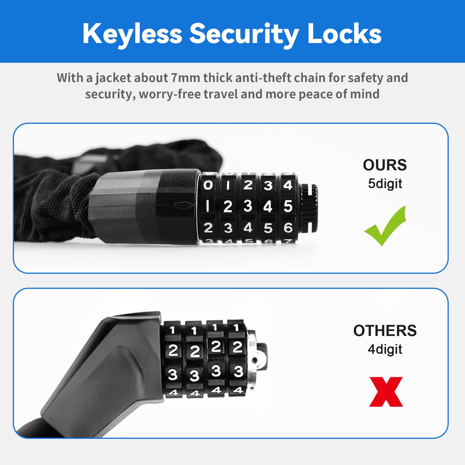 KJNJF0 3.28ft Heavy Duty Anti-Theft Bike Chain Lock with 5 Digit Combination Code,Resettable Chain Lock for Bicycles,Motorcycles,Scooters and Gates,Black