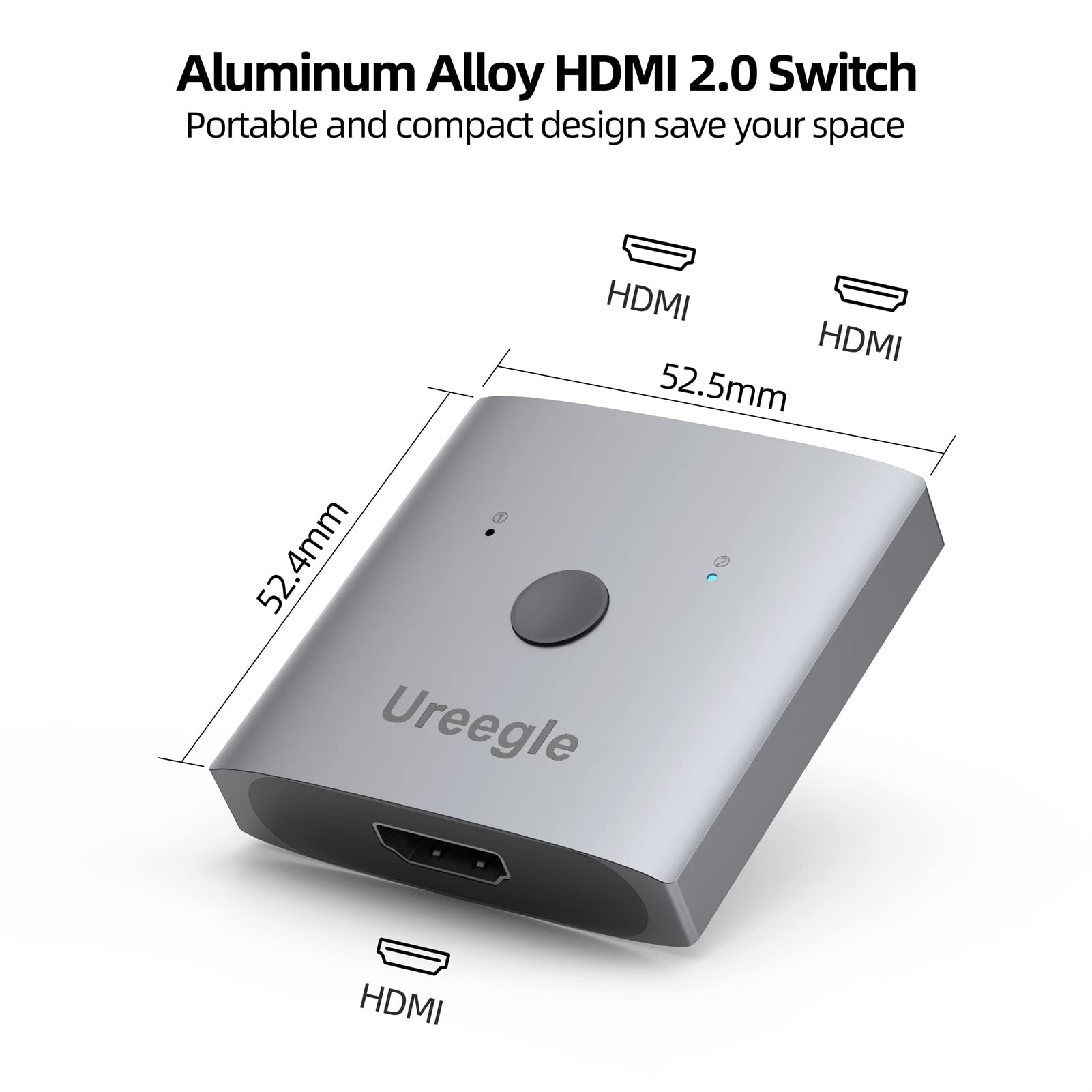 HDMI Switch 2 in 1 Out, 4K@60Hz HDMI Extended Switching, Aluminum Bidirectional HDMI 2.0 Switcher Splitter, Support HDR 4K 3D HDCP2.2 for PC TV PS4 Xbox FireStick Roku and More