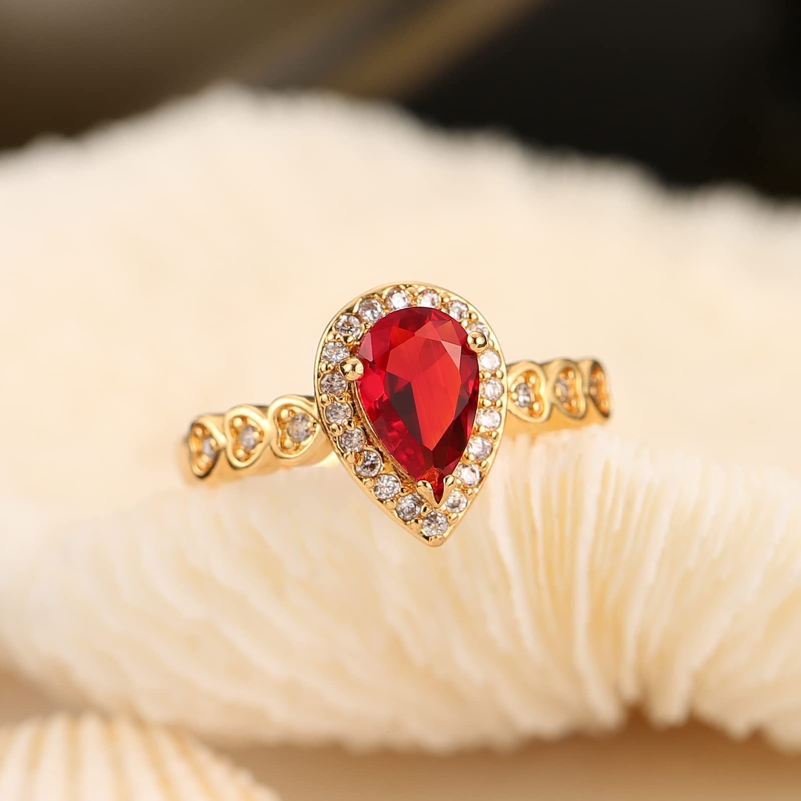 HZMAN Drop Shaped Red/Green CZ Diamond Cut Women's Ring Gold Plated Brass Adjustable Commitment Couple Thumb Pinkie Ring