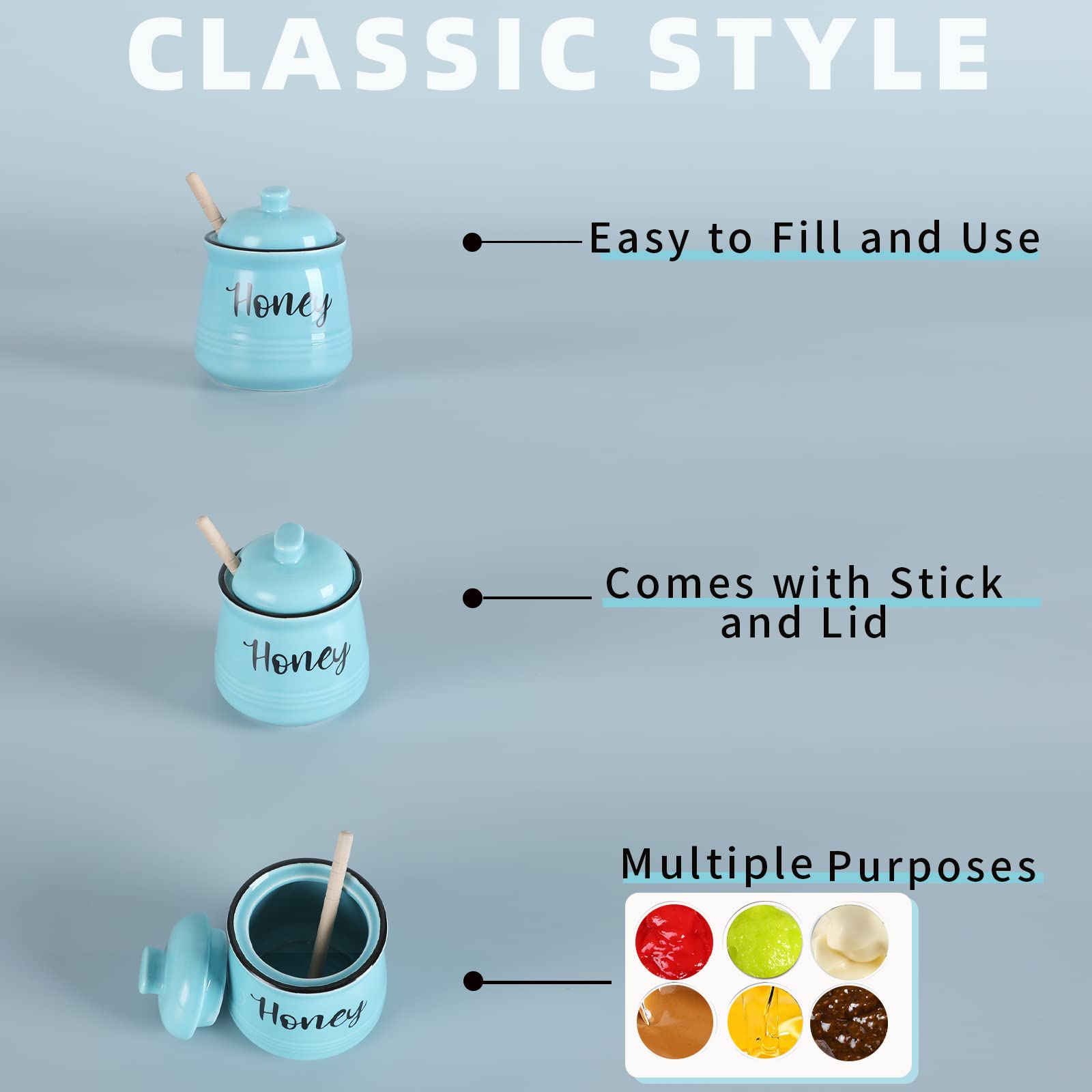 HAOTOP Farmhouse Porcelain Honey Jar with Dipper and Lid Set 12oz,Easy to Clean (Turquoise)