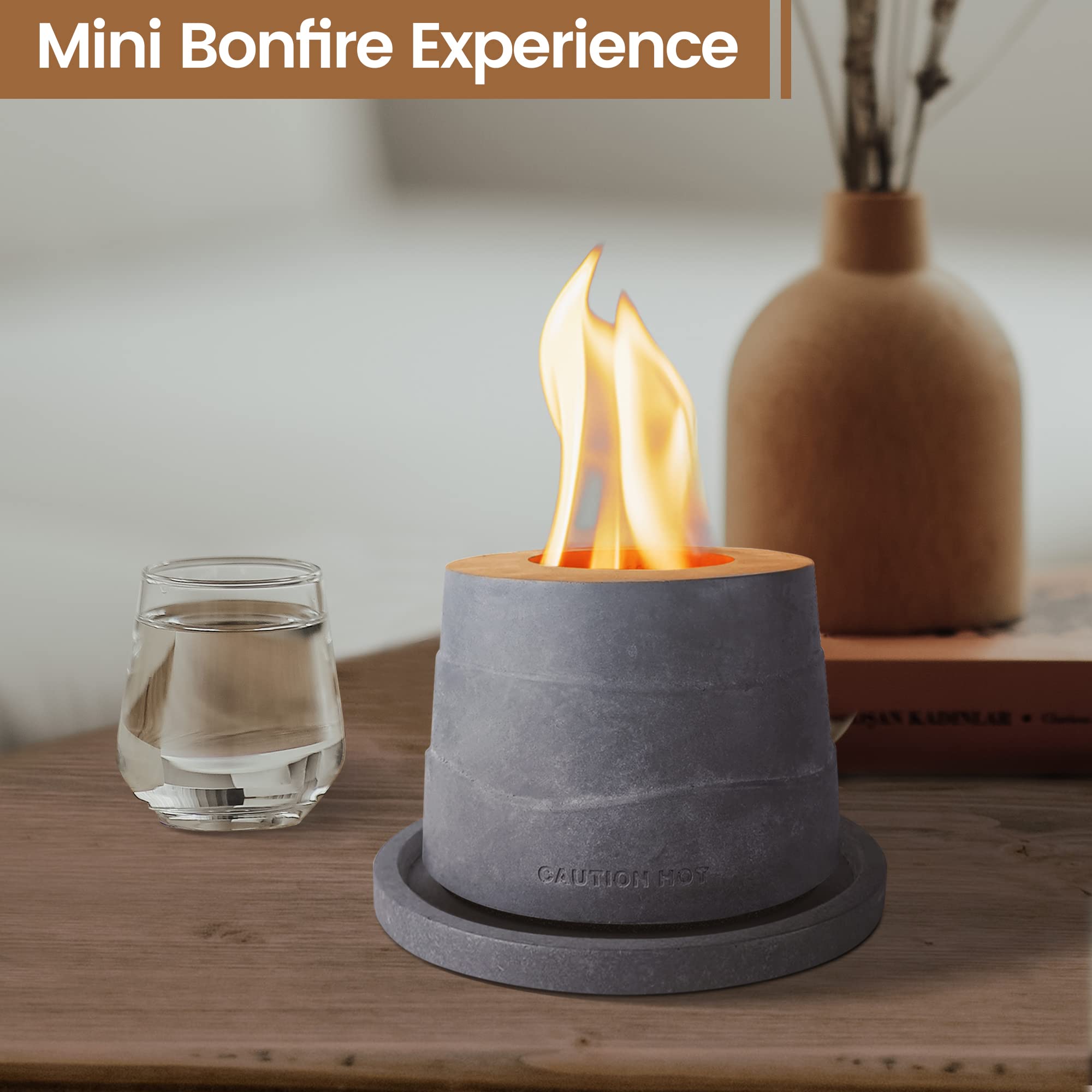 Kante 5.1 in. W Small Cake Portable Concrete Rubbing Alcohol Tabletop Fire Pit with Metal Extinguisher and 6 in. Dark Gray Base, Ethanol Fireplace, Indoor Outdoor Décor, Table Top Fire Pit Bowl Pot