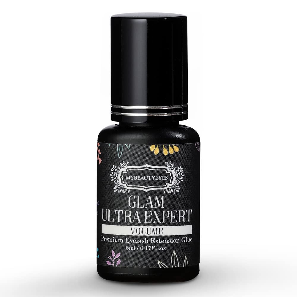Extra Fast and Strong Eyelash Extension Glue Glam Ultra Expert Volume 5 ml/Black Adhesive Eyelash Bonding Supplies/Drying Time 0.5-2 Sec/Retention -7 Weeks/Latex Free (Volume)