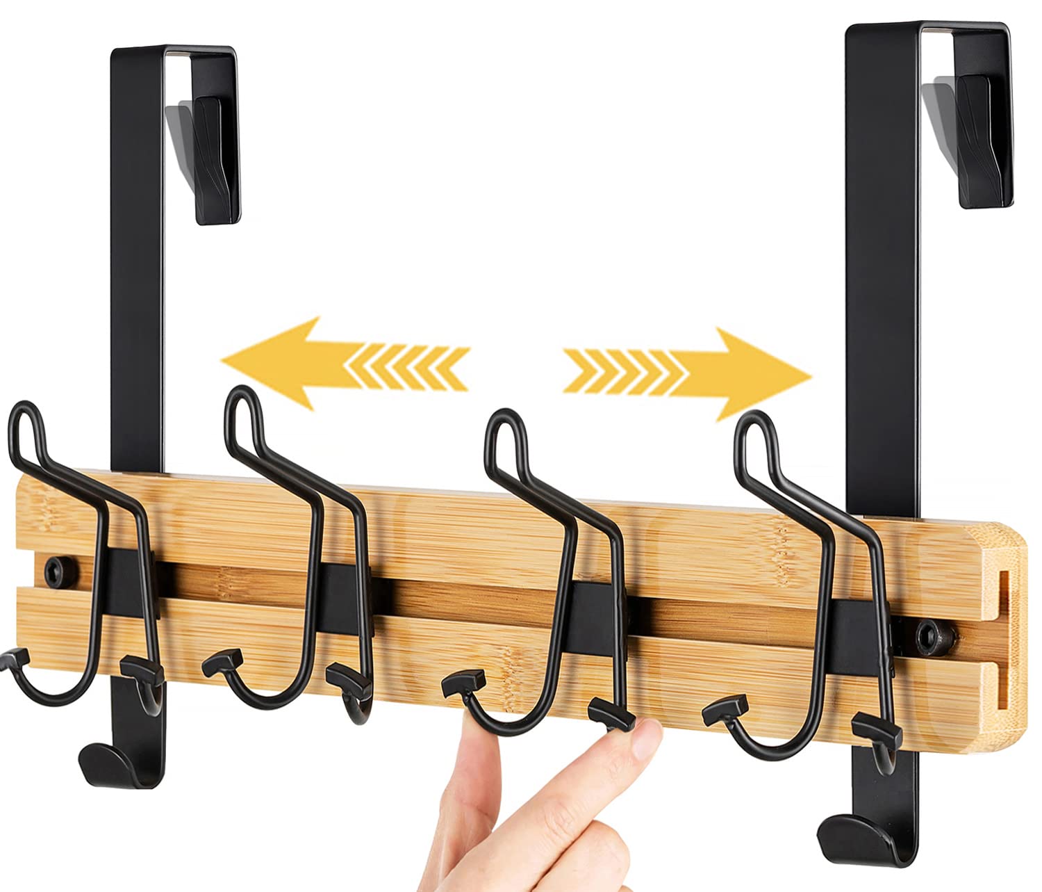 ETECHMART Bamboo Hanger with 4 Adjustable Tri Hooks for Hanging Clothes Hat Bag, Behind/Over The Door Towel Rack for Bathroom, Heavy Duty Wall Mounted Coat Rack, No Drilling, Walnut