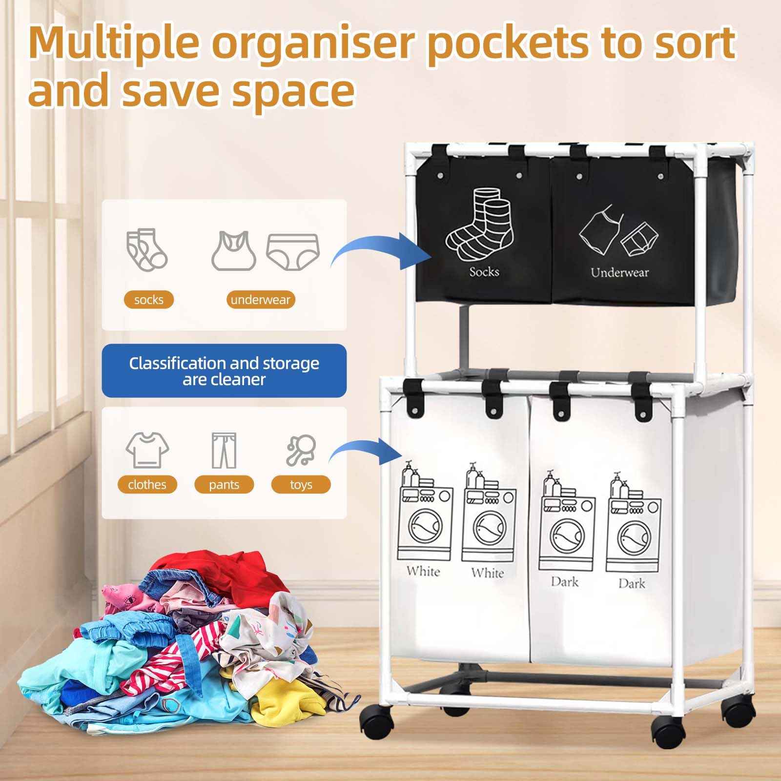 Laundry HamperLaundry Sorter, 3-Section Laundry Hamper with Wheels, Rolling Laundry Basket with Large Capacity and Removable Bags for Clothes Storage, White