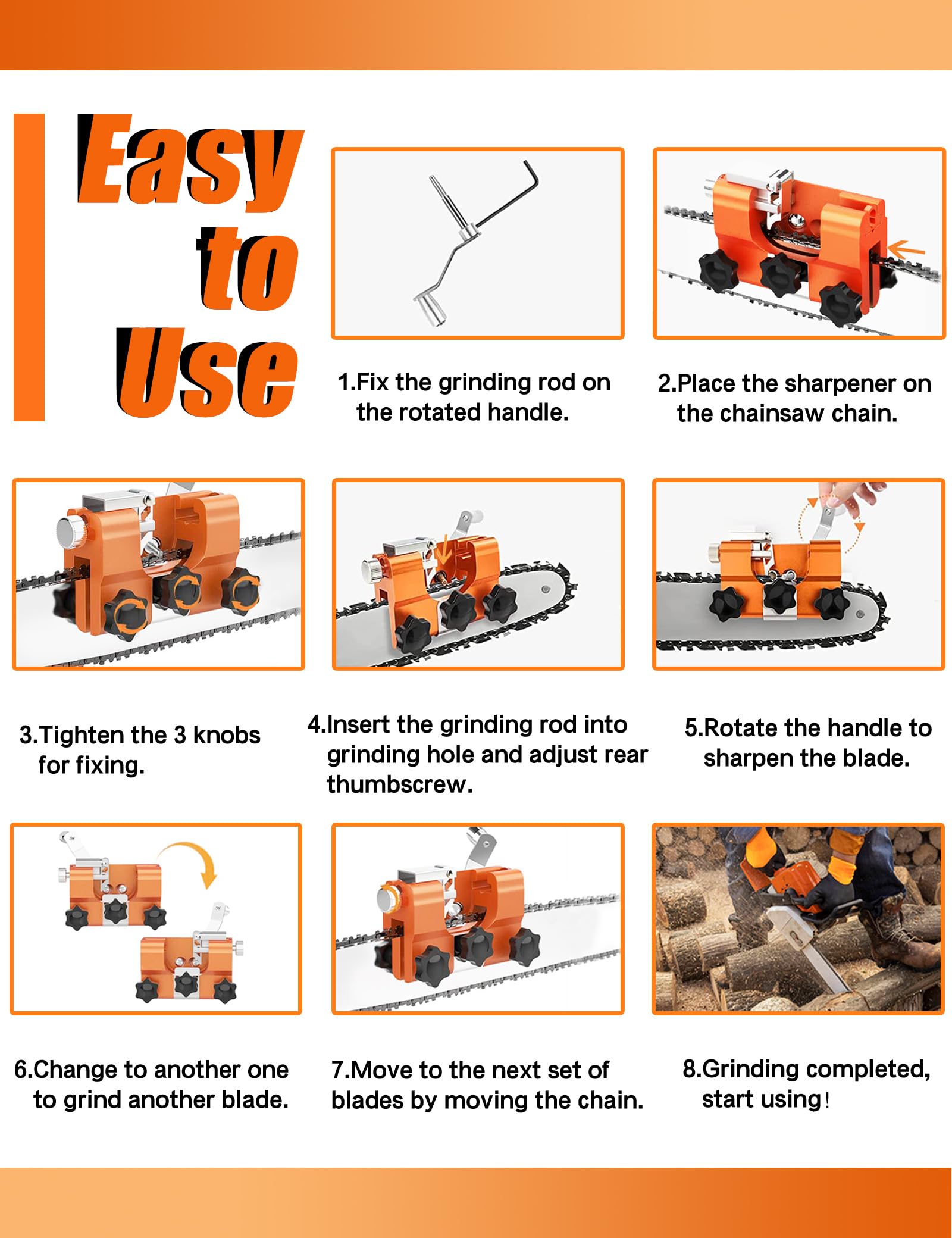 Haishine Chainsaw Sharpening Jig, Portable Hand Crank Chainsaw Sharpening Kit with 6Pcs High Hardness Chainsaw Sharpening Stone, Chainsaw Sharpener for 8-22" Chain Saws - Includes Storage Bag