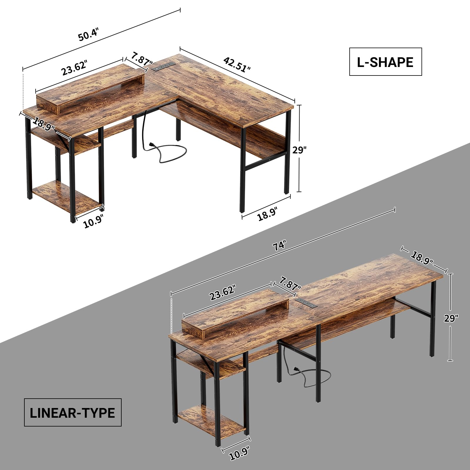 Unikito L Shaped Computer Desk with Magic Power Outlets and Smart LED Light, Sturdy Reversible Corner Desk with Monitor Stand & Storage Shelves, Home Office Work Desk, Easy to Assemble, Rustic