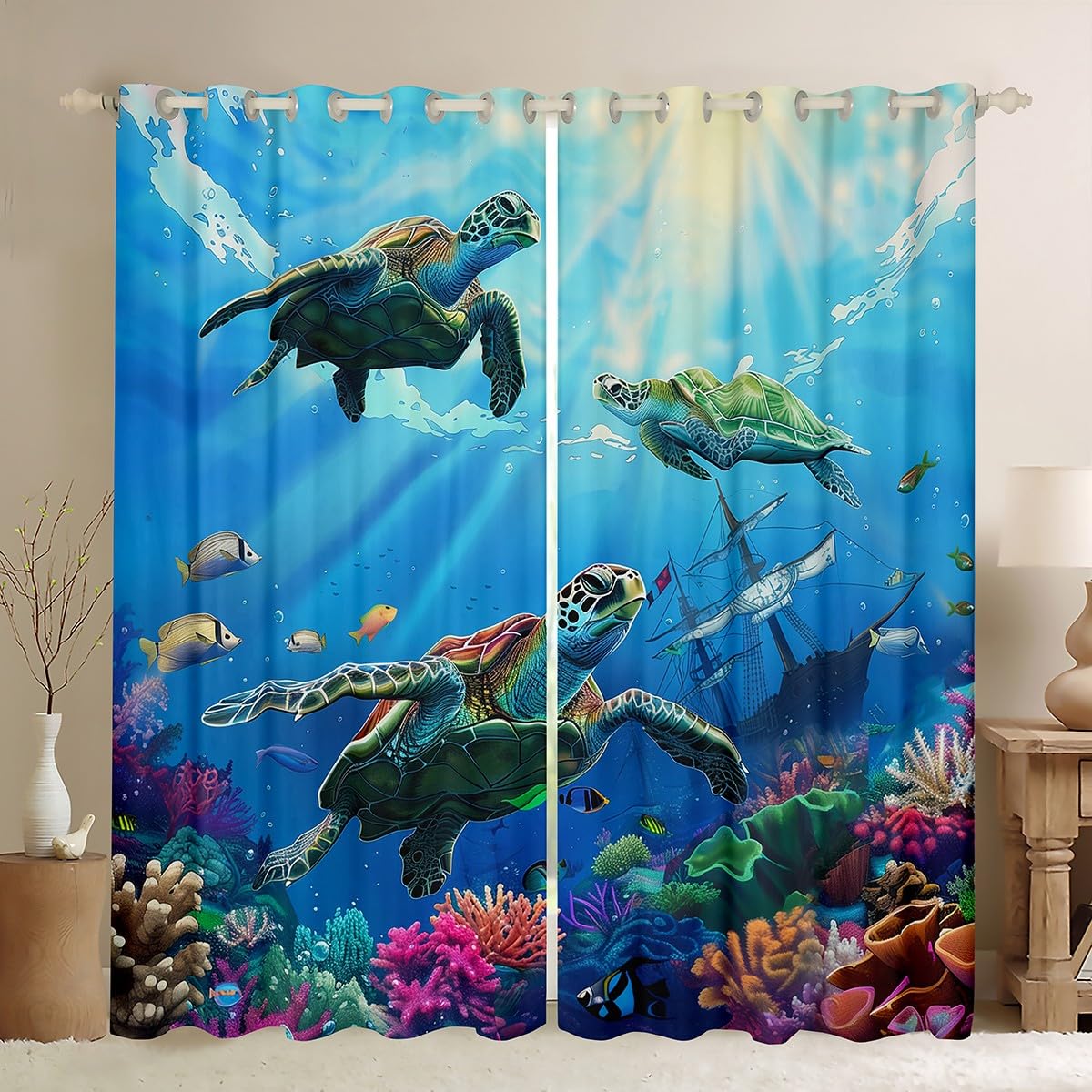 Manfei Kids Sea Turtle Window Curtains Colorful Coral Seaweed Fish Window Drapes for Boy Girls Room Decor, Marine Life Window Treatments Grommet Top 2 Panel Set Bedroom Curtains, 38Wx54L inch