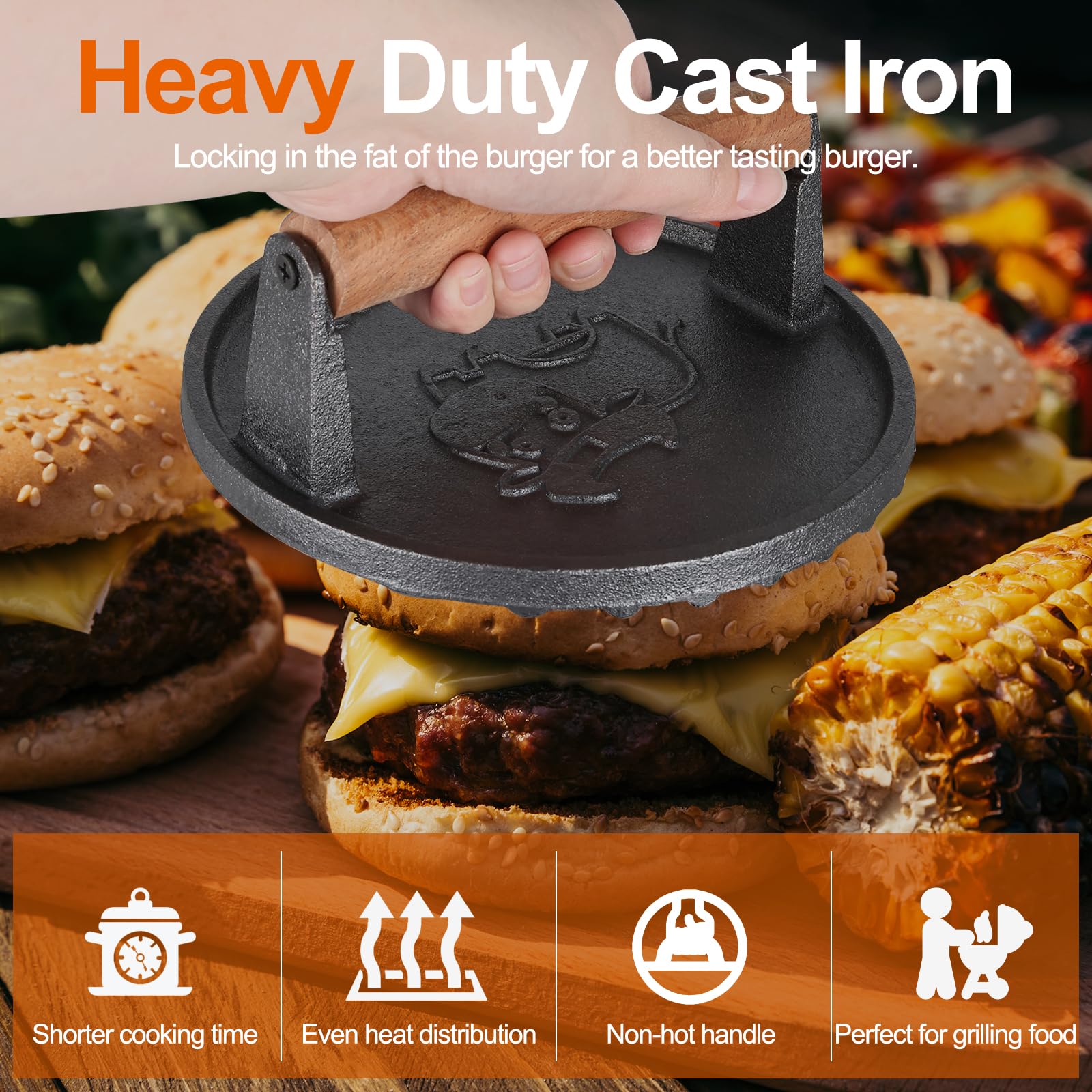 Finderomend Hamburger Press,Cast Iron Grill Press,Heavy Duty Smash Meat,Bacon,Steak & Burger Press with Wooden Handle for Blackstone Pitboss Weber Treager Griddle (Calf-Round 3)