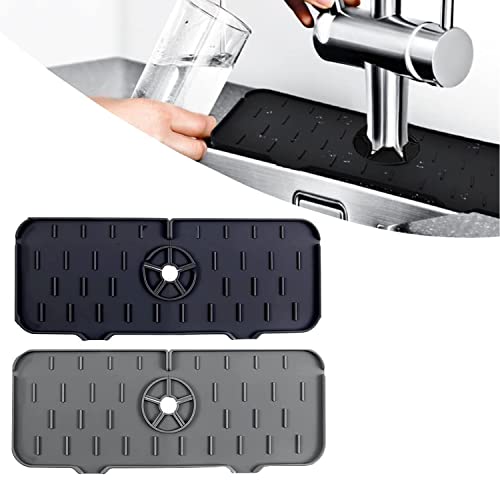 Kitchen Sink Splash Guard, Silicone Faucet Mat For Bathroom Faucet Water Catcher Mat, Sink Draining Pad Behind Faucet, Silicone Kitchen Sink Organizer Tray & Sponge Holder, with Drainage Edge (2 PCS)