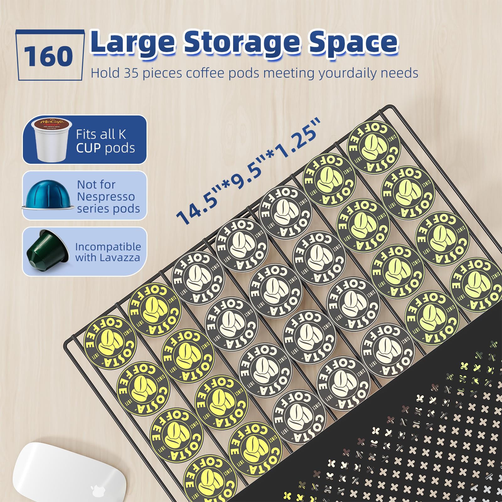 Simple Trending 5-Tier Coffee Pod Holder for K-Cup, 160 Pod Pack Capacity Rack with Mug Rack, Metal, Black