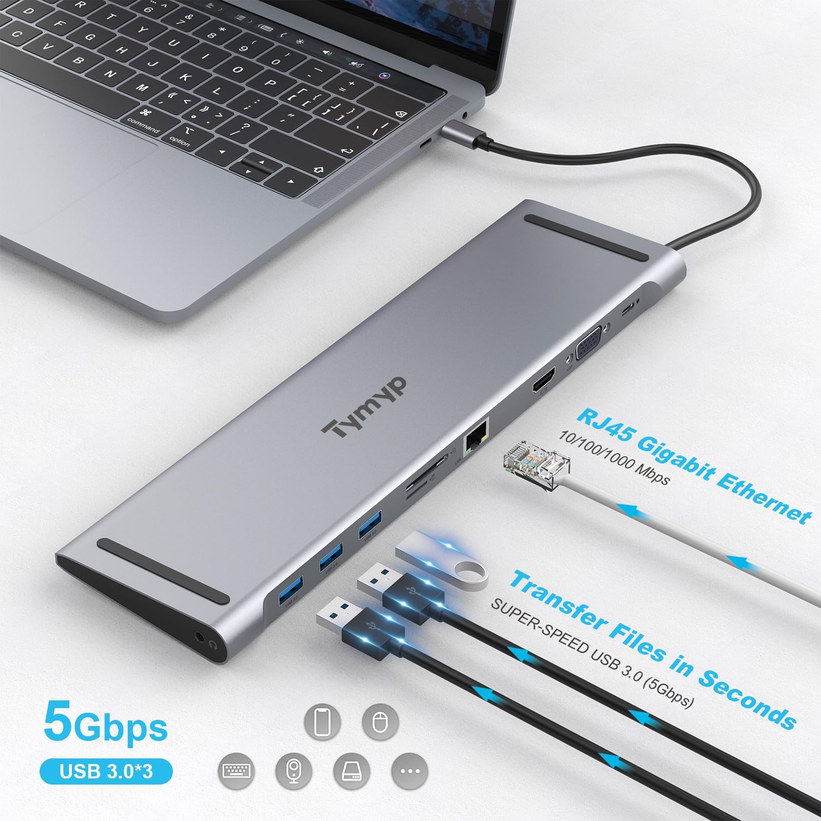 USB C Docking Station for Laptop, USB C Hub 10 in 1 USB C Adapter Docking Station with 4K HDMI & VGA, 3 x USB 3.0, Gigabit Ethernet RJ45 LAN, USB C PD, SD/TF Card Reader, 3.5 mm Audio/Mic