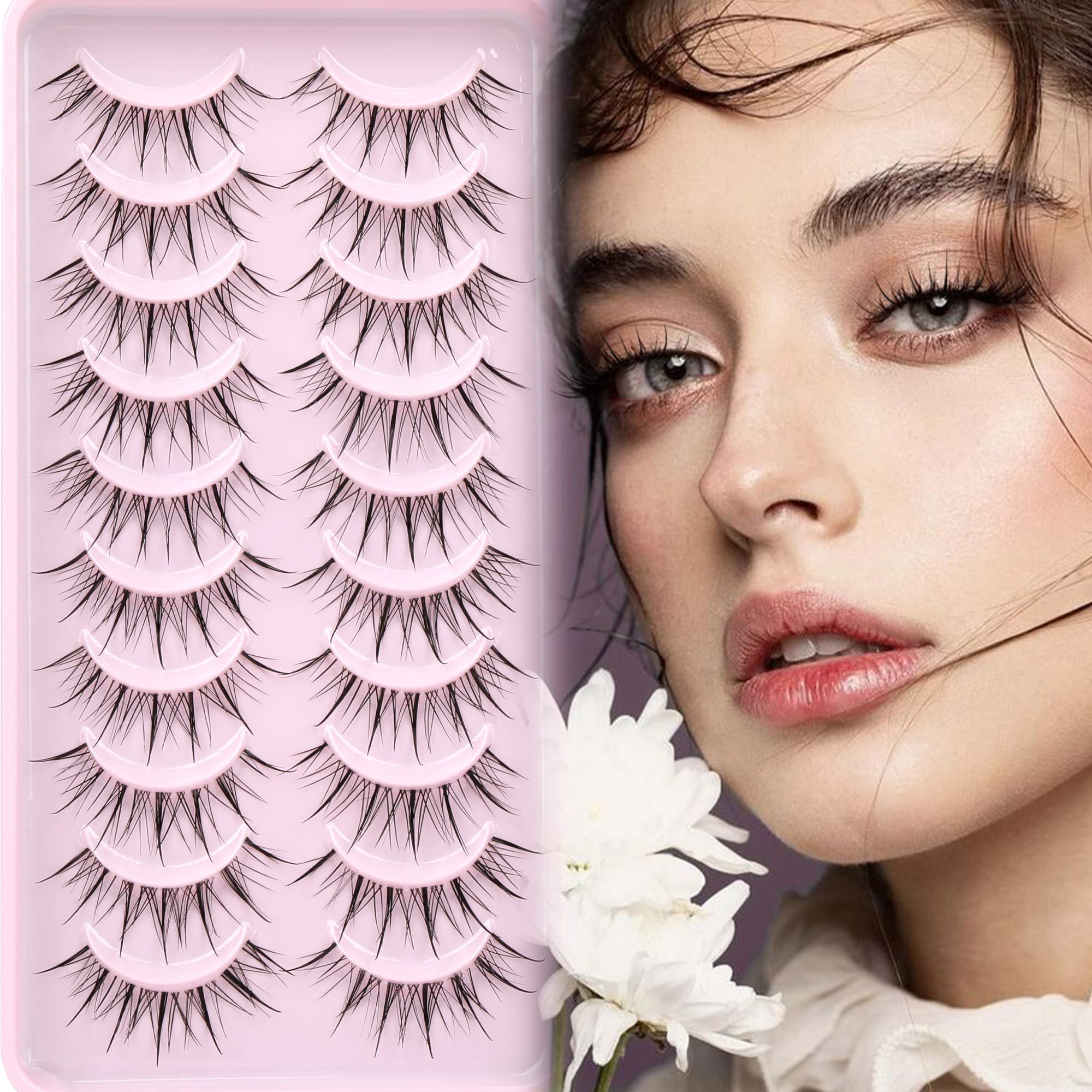 Manga Lashes Korean Natural Anime Eyelashes Wispy 3D Curl Clear Band 15MM Comic False Lashes Pack 10 Pairs by Mavphnee