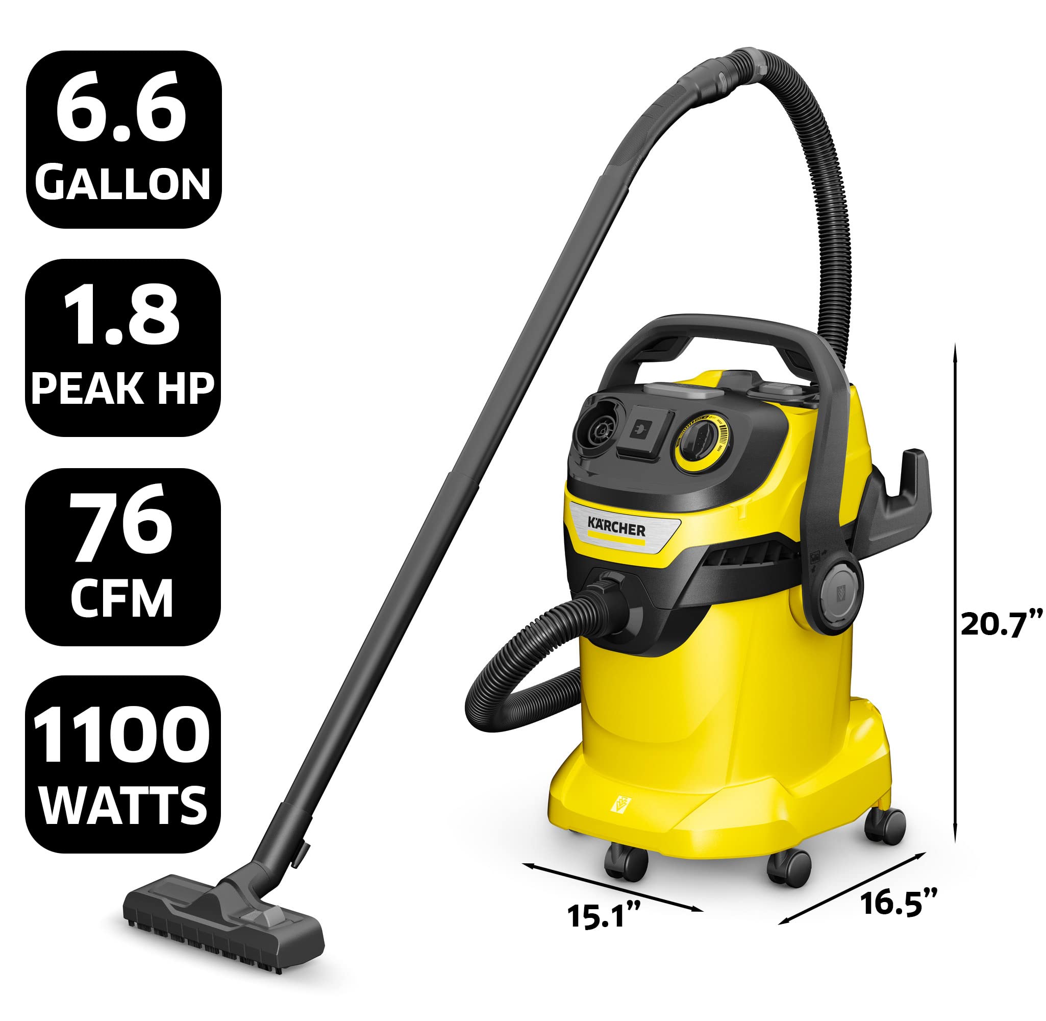 Kärcher - WD 5/P Multi-Purpose Wet-Dry Vacuum Cleaner - 6.6 Gallon - With Attachments – Blower Feature, Semi-Automatic Filter Cleaning, Space-Saving Design - 1100W - 2022 Edition,Yellow