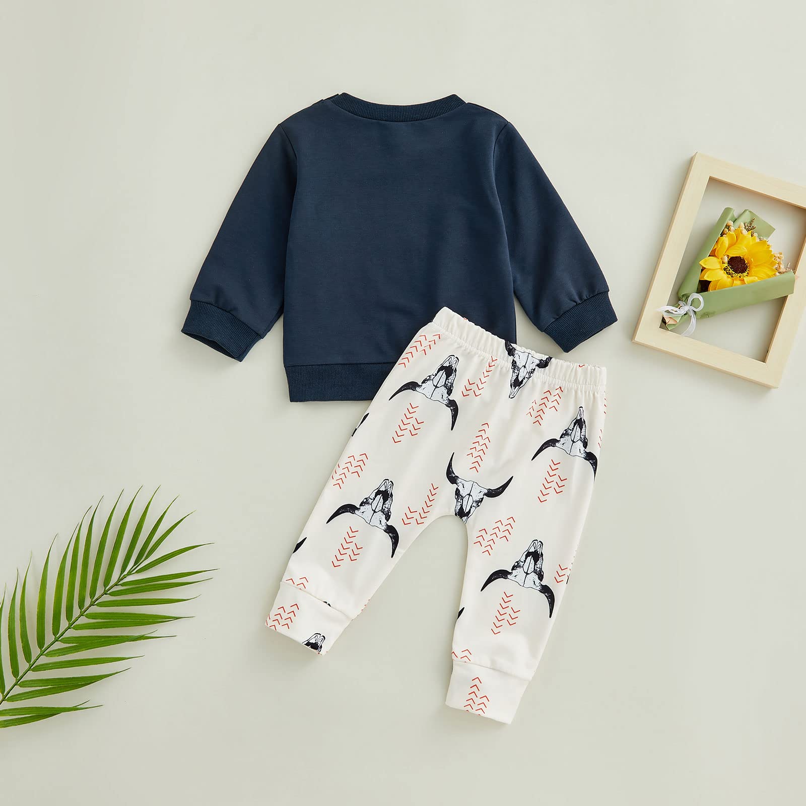 Omkzanbi 2Pcs Baby Boy Fall/Winter Clothes Long Sleeve Pullover Sweatpants Crewneck Sweatshirt Joggers Pants Western Outfit (Mama's Little Man Cow Printed Western Suit, 0-6 Months)