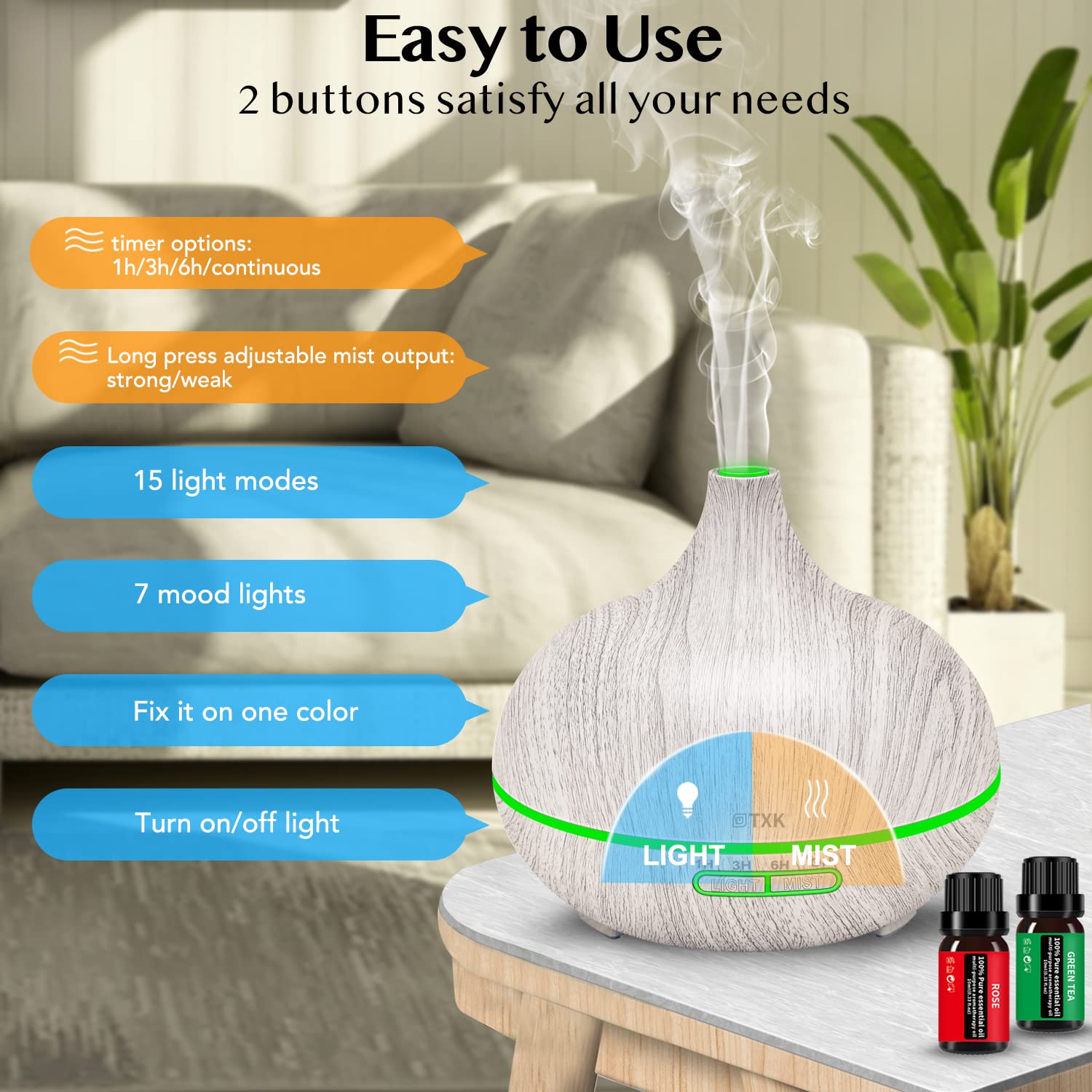 Essential Oil Diffuser Cool Mist Humidifiers with Oils, Silent Humidifier, Aromatherapy Diffusers,Waterless Auto-Off,7 Color Ambient Lights Purifier for Bedroom Office Home