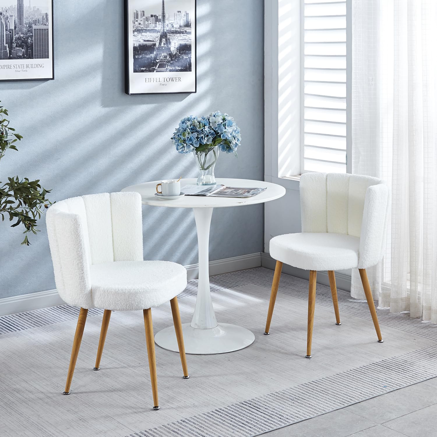 HAIZAO Modern White Boucle Dining Chairs Set of 4, Curved Backrest Upholstered Kitchen Dining Room Chairs, Mid-Century Dining Chair with Metal Legs