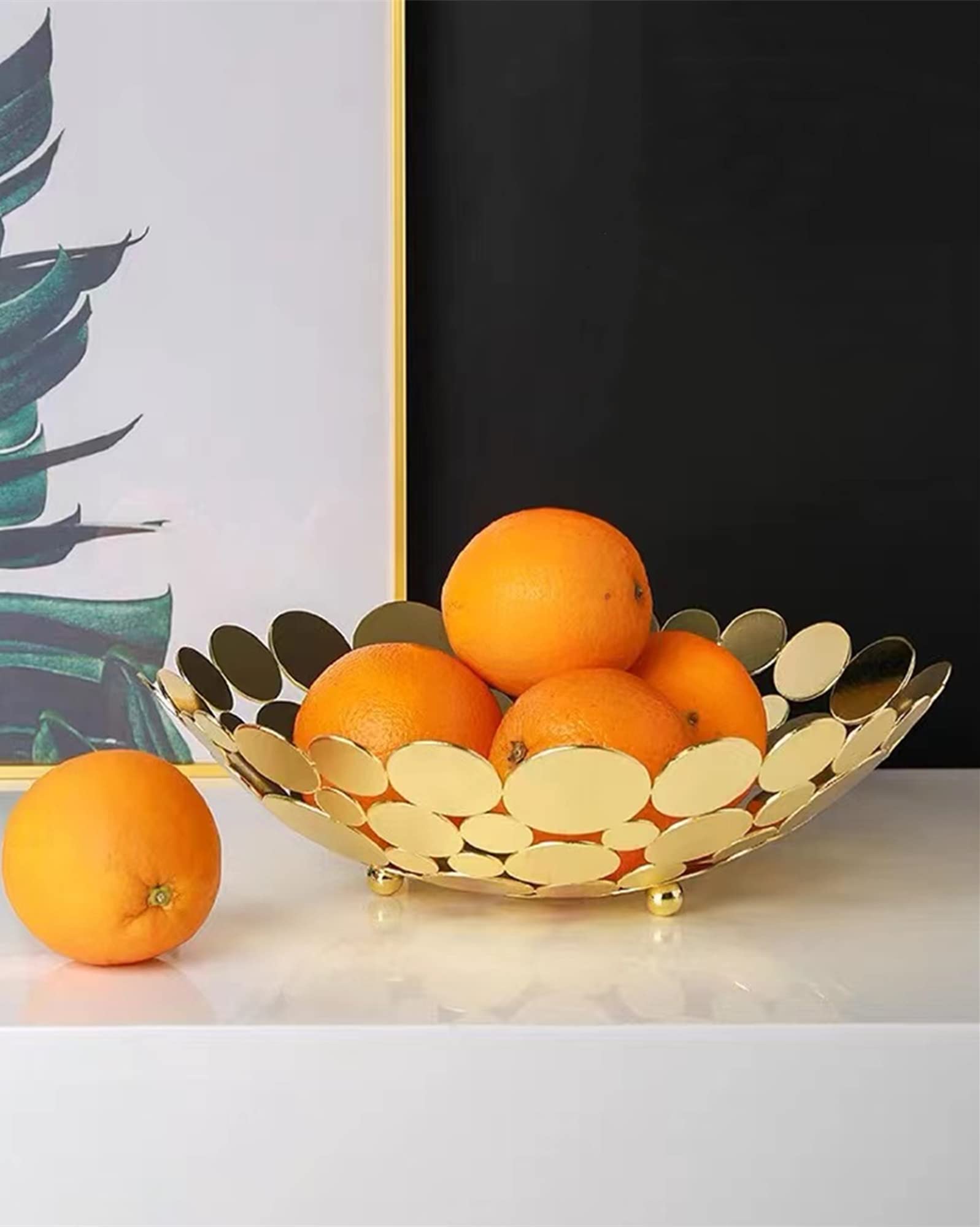 HYOATREA Metal Fruit Basket Bowl for Kitchen Countertop Modern Home Decor Large Round Fruit Storage Stand (Gold)