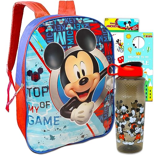 Mickey Mouse Backpack for Boys 4-6 Set - 16” Disney Mickey Mouse Backpack for Boys Bundle with Mickey Mouse Water Bottle, Stickers, More | Mickey Mouse School Backpack for Boys