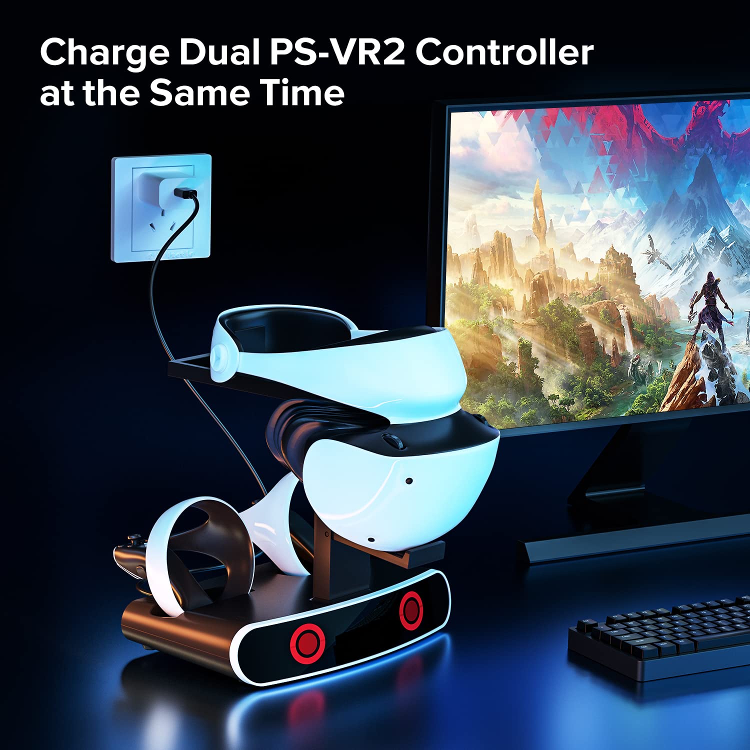 Keten Play-Station VR2 Controller Charging Dock, PS-VR2 Charging Station with Type-C Adapter, Dual PS-VR2 Controller Charging Stand, PS5 Accessories with Headset Holder, LED Indicator