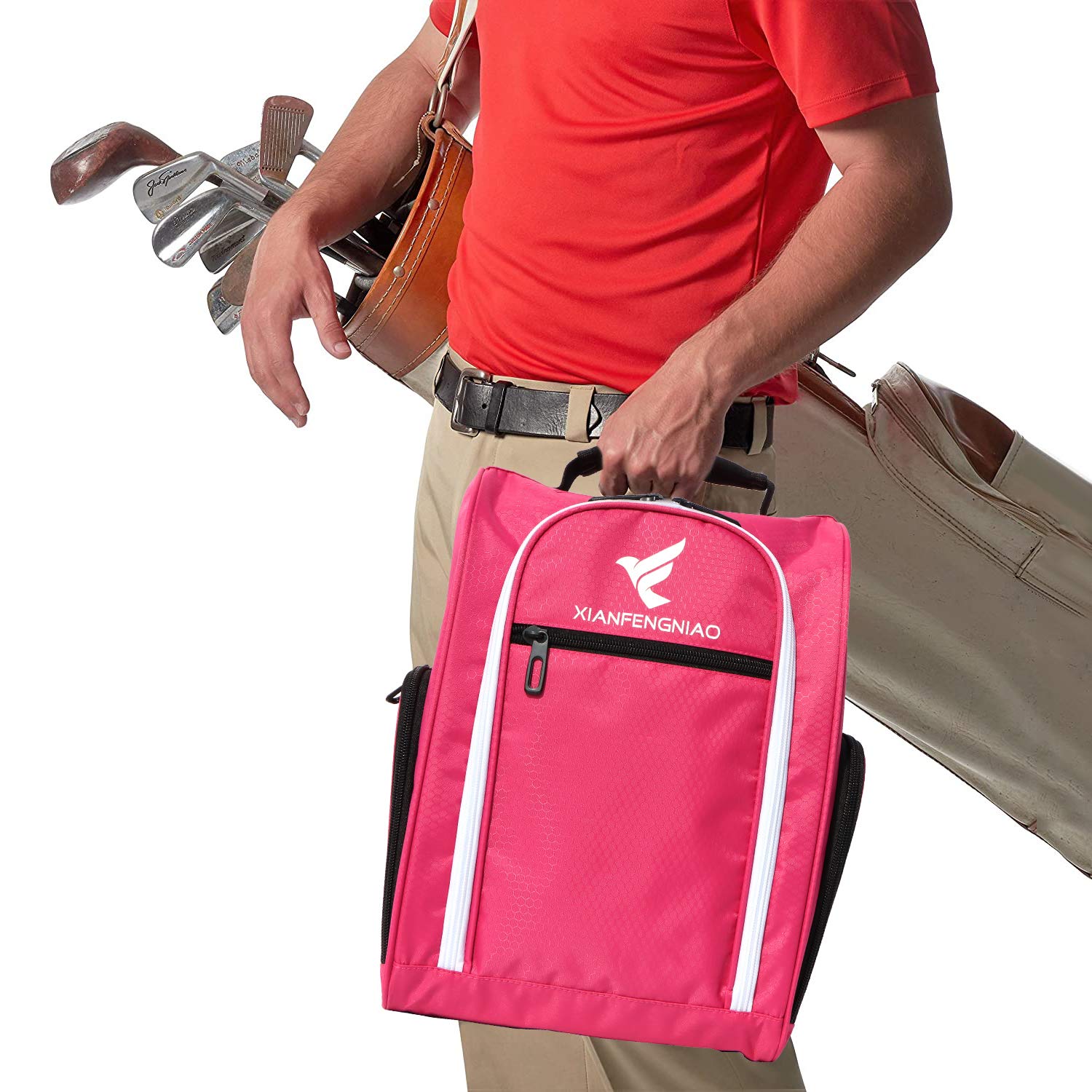 Golf Shoe Bag for Women,Zippered Golf Shoe Carrier Bag with Ventilation and 3 External Pockets for Golf Balls, Golf Glove, Tees and Other Golf Accessories(Red)