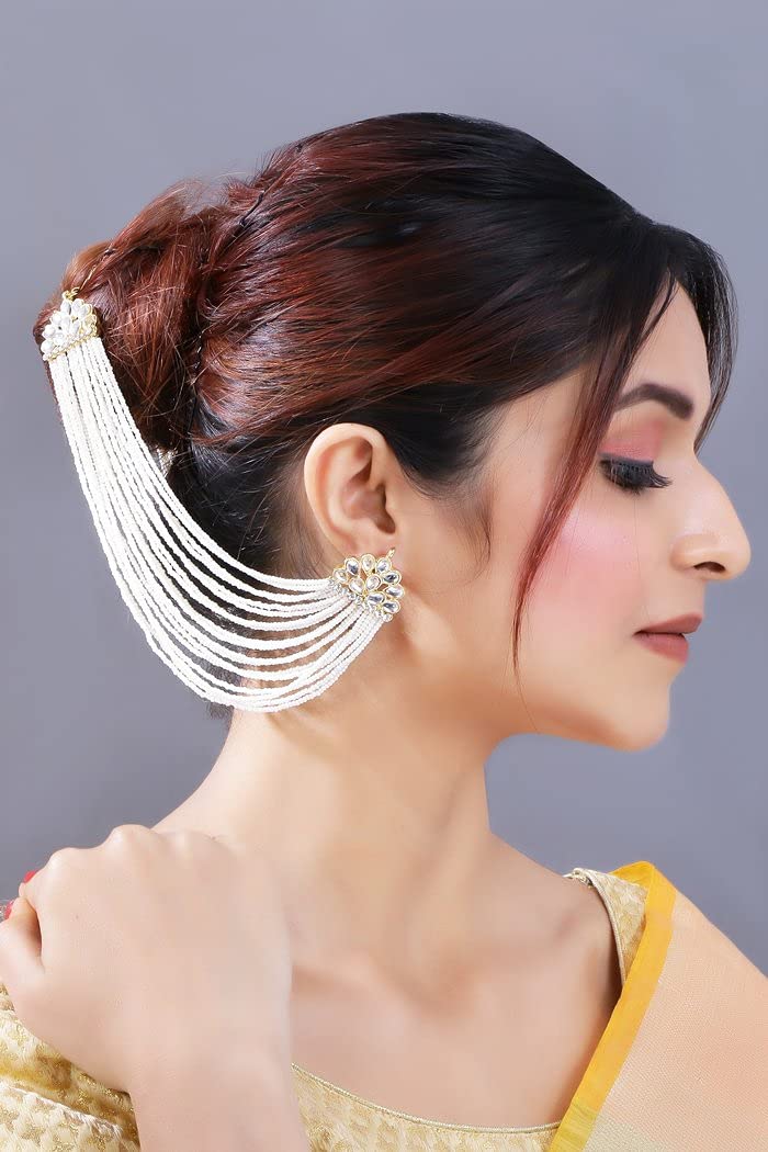 I Jewels Gold Plated Indian Wedding Bollywood Multi Strand Ear Chain With Pearl For Women (E2882W)