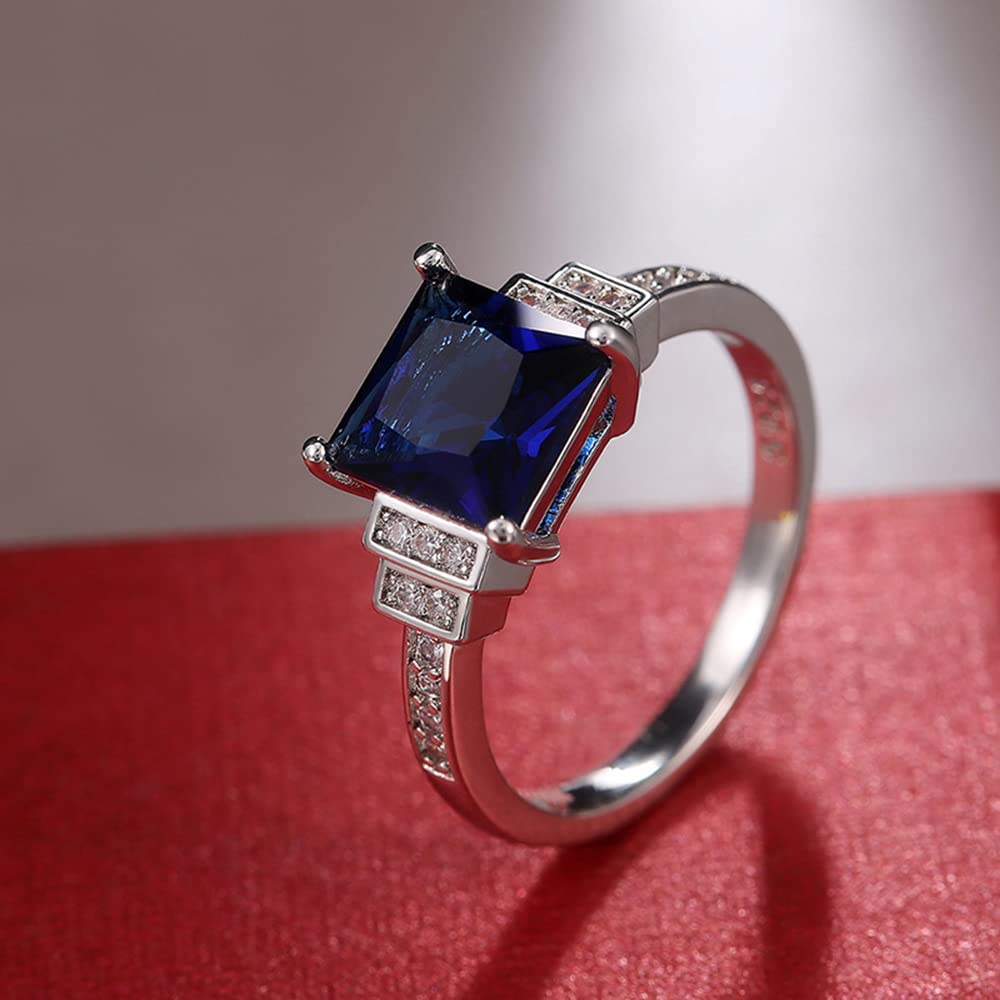 Koguxuix 14K White Gold Plated Sterling Silver Perfect Princess Cut Blue Sapphire Round Clear CZ Crystal Diamond Women's Engagement Ring (Size 8)