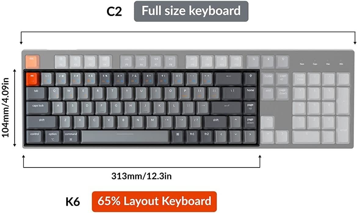 Keychron K6 Gaming Mechanicak Keyboard Wireless/Wired, 65% Layout 68 Key Compact Bluetooth Keyboard with White Backlit, N-Key Rollover, Gateron G Pro Brown Switch for Mac Windows