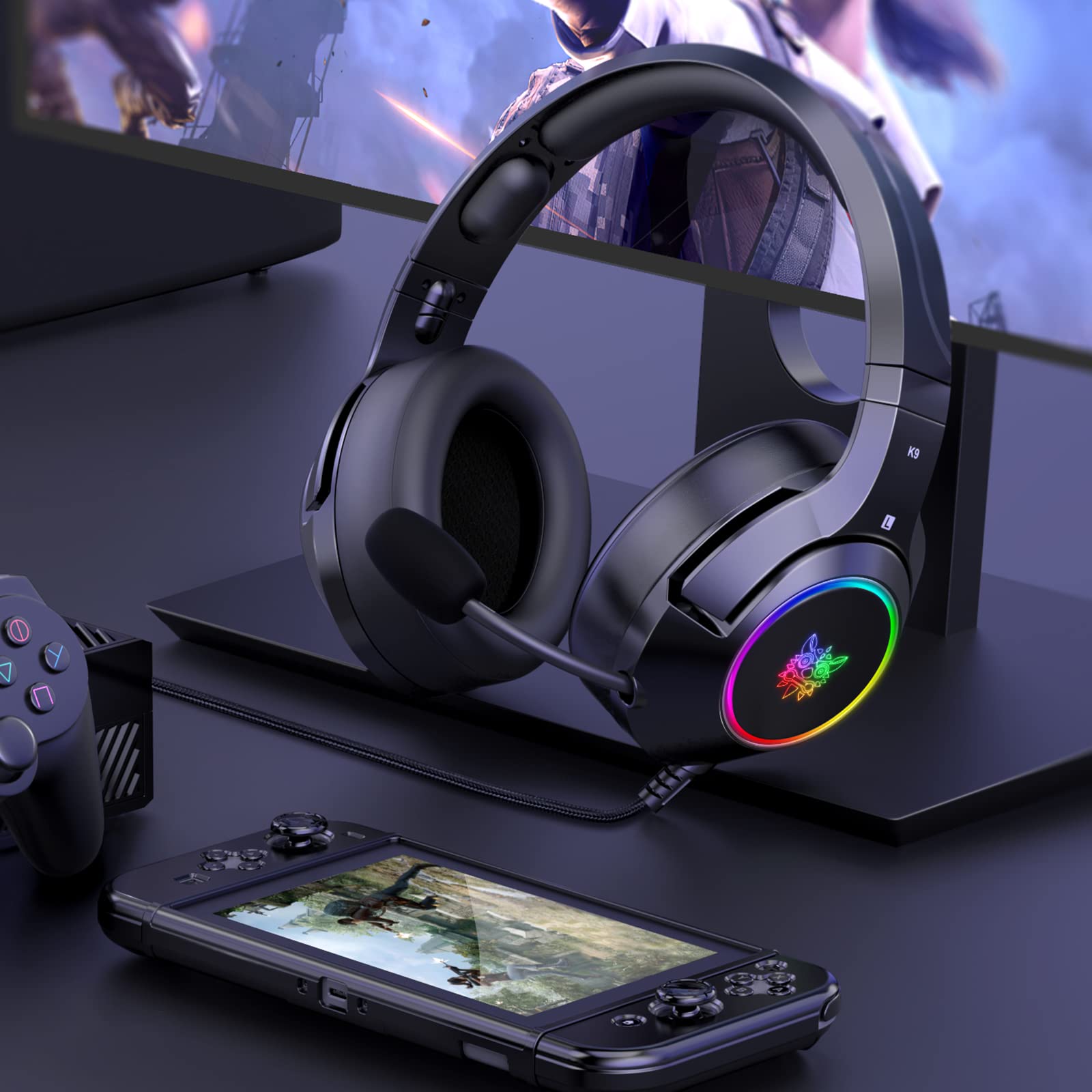 Gaming Headset with Microphone, Gaming Headphones RGB PS4 PS5 Headset with 360 Adjustable Noise Cancelling Mic, 3.5mm Audio Jack Over Ear Headphones Wired for PC Switch PlayStation Xbox Laptop