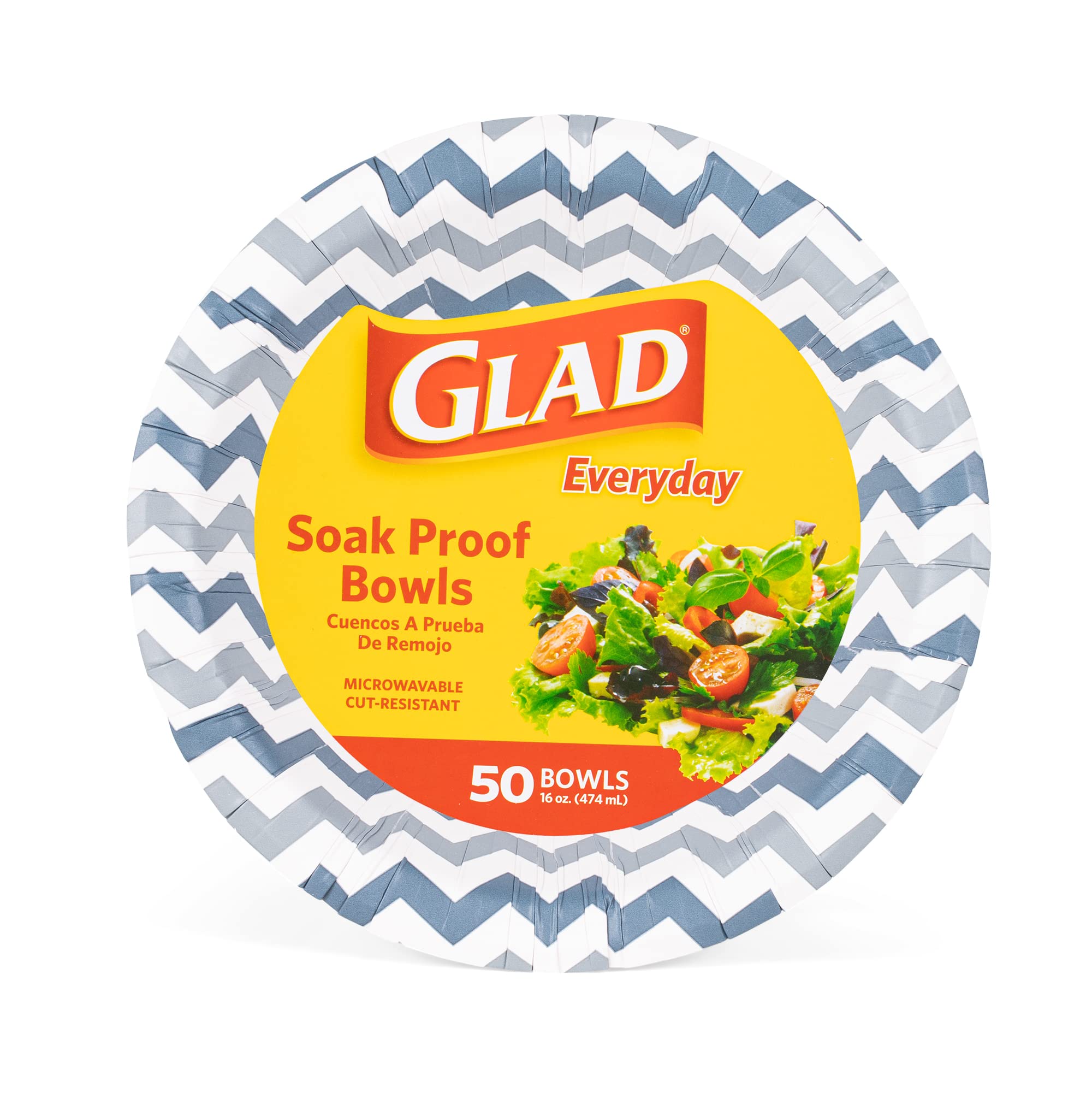Glad 16 oz Disposable Paper Bowls with Chevron Design, 50 ct | Disposable Bowls for Parties & Picnics and Everyday Use | Microwave Safe, Soak Proof Paper Bowls from Glad