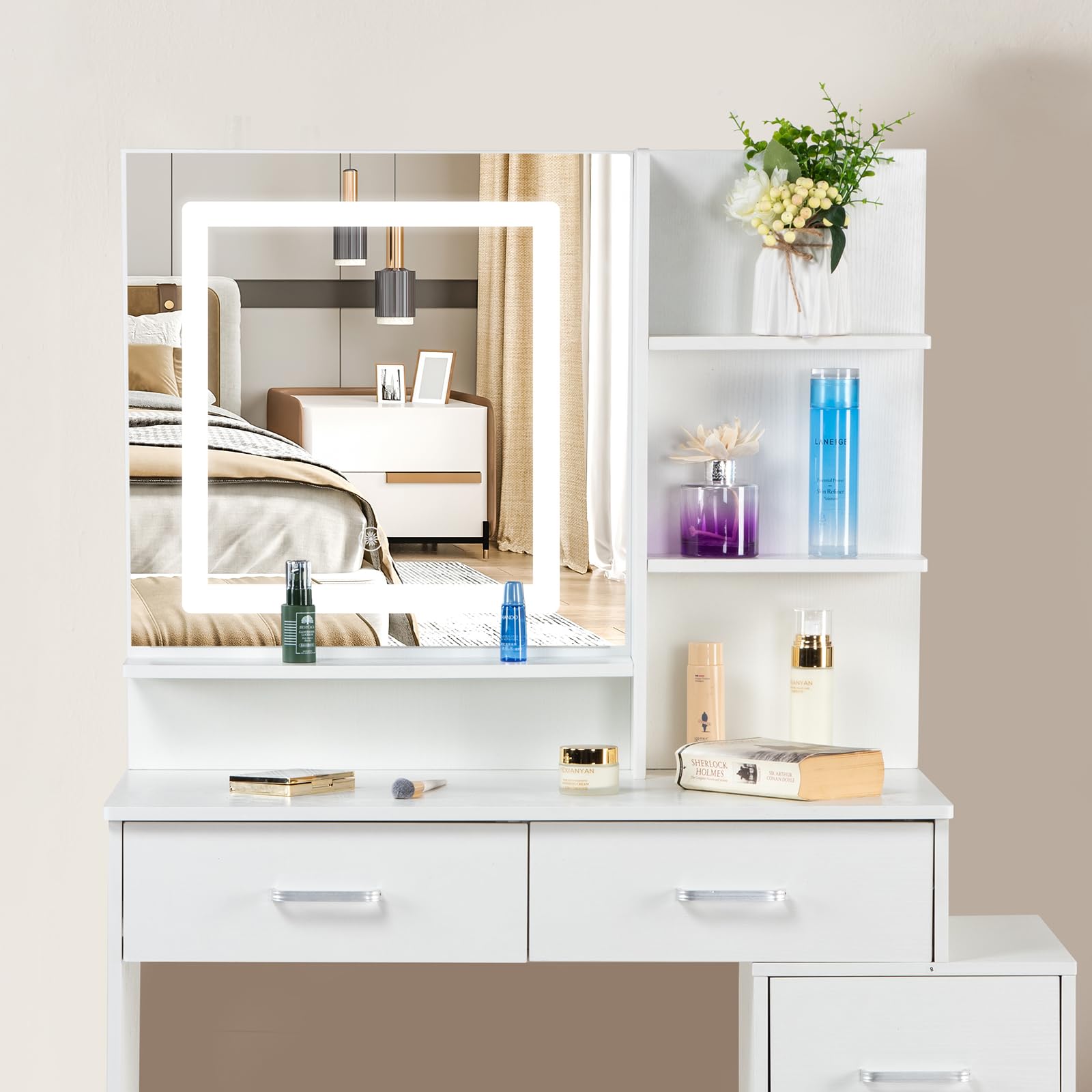 Dradaomull Makeup Vanity with LED Light in 3 Colors, Vanity Table with 4 Shelves and 5 Drawers, Dressing Table with Chair and Adjustable Brightness for Bedroom