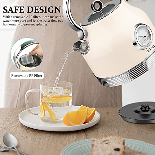 Electric Kettle Stainless Steel, Retro Water Boiler with Filter Thermometer Water Level Indicator LED Switch, Auto Shut-Off and Boil-Dry Protection (Beige)
