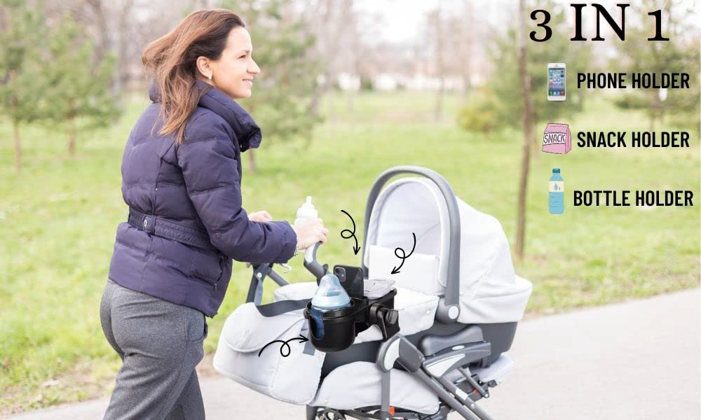 JASMARAZZRE Universal Snack Tray for Stroller, 3 in 1 Cup Holder, Phone Slot, Snack Compartment for Baby and Toddler. These Clip on Accessories Attachment fits, Most Strollers.