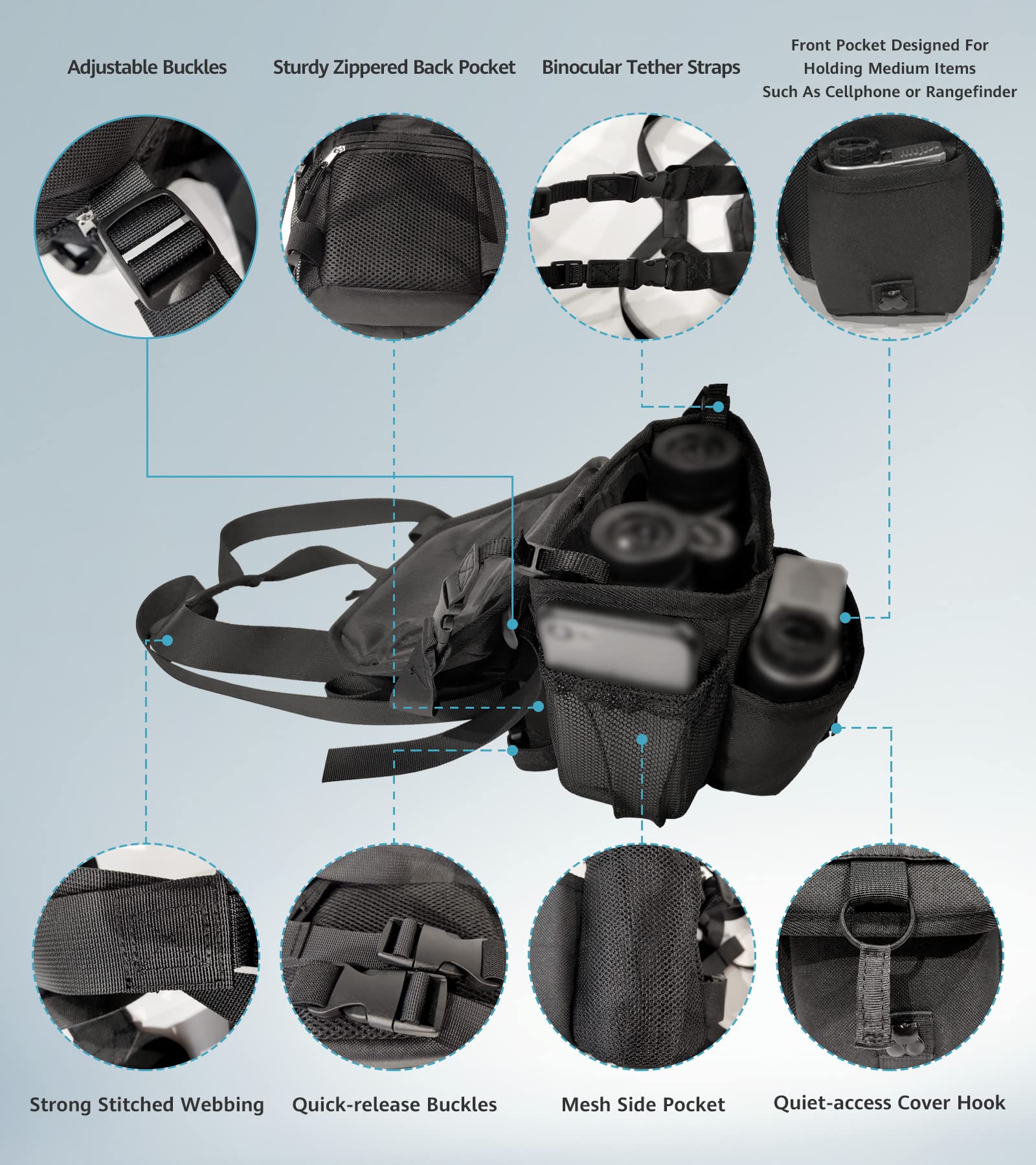 GAIARENA Waterproof Binocular Harness Chest Pack, Bino Harness Case with Rangefinder & Cellphone Pocket for 20x50 Binoculars(Full Size)
