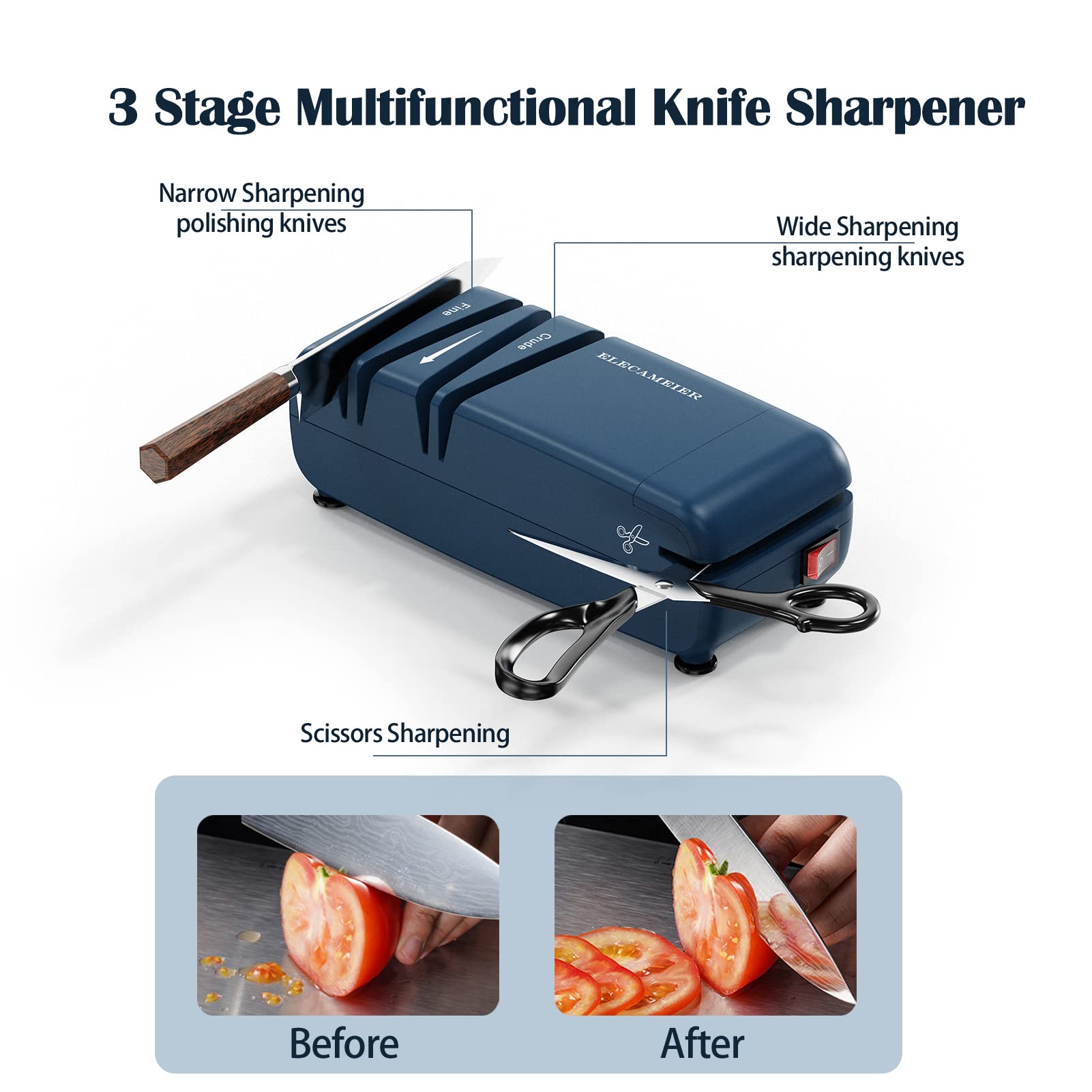 Electric Knife Sharpener New 2.0,Elecameier 15 Degree Professional Kitchen Knife Sharpeners Easy To Use And Quickly Sharpening Of Chef Knifes/Pocket Knife/Scissors Custom Prussian Blue