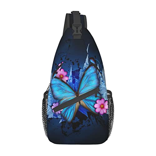 SURERUIM Blue Butterfly Sling Bag Crossbody Shoulder Backpack Blue Butterfly with Pink Flowers on Black Background Aesthetic Art Print Chest Bag Cute Insect Print Travel Hiking Daypack for Men Women