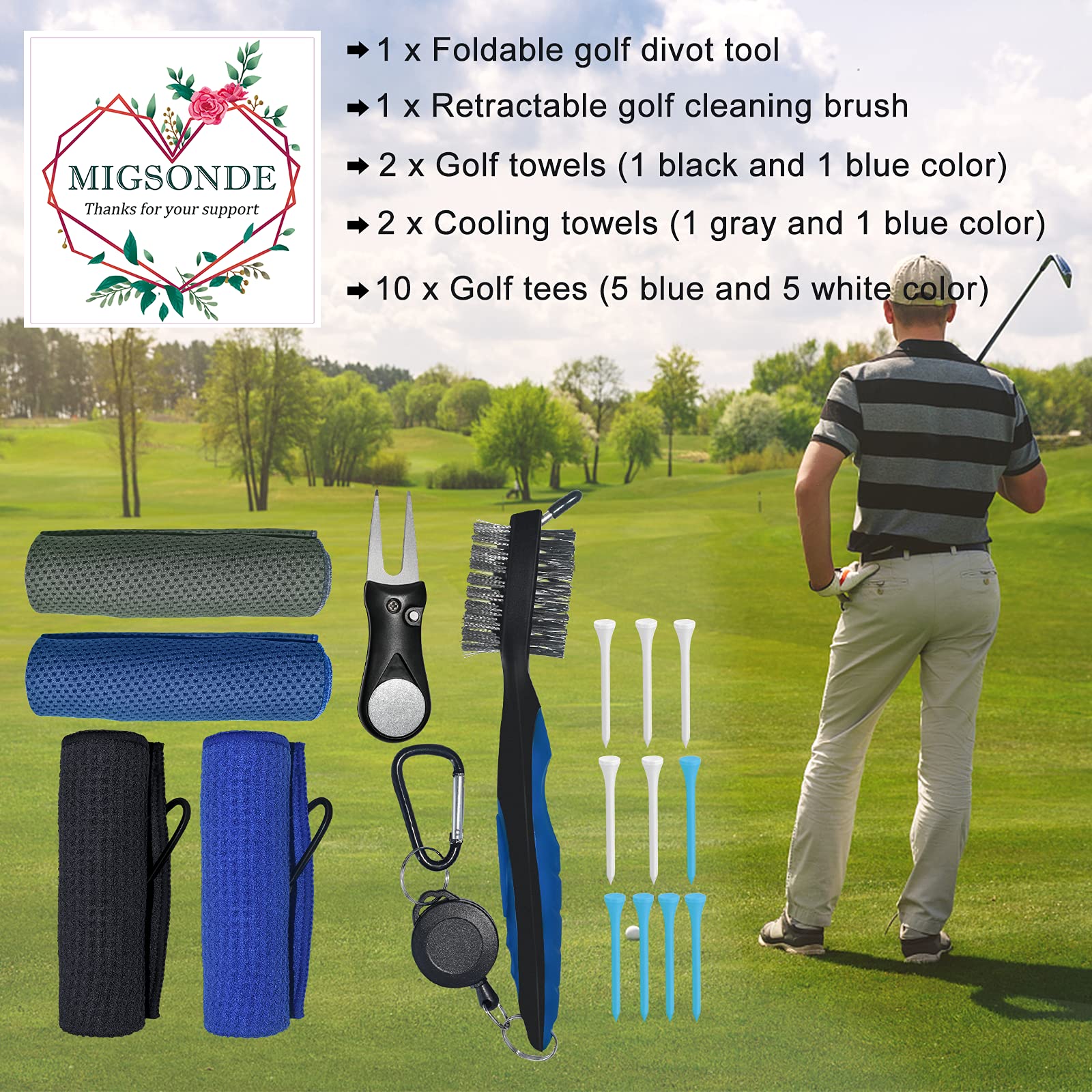 Golf Towel Golf Club Cleaning Kit, Microfiber Waffle Pattern Golf Towel with Carabiner Clip, Golf Brush Tool with Club Groove Cleaner, Cooling Towel, Golf Divot Tool, Golf Tees Golf Accessories