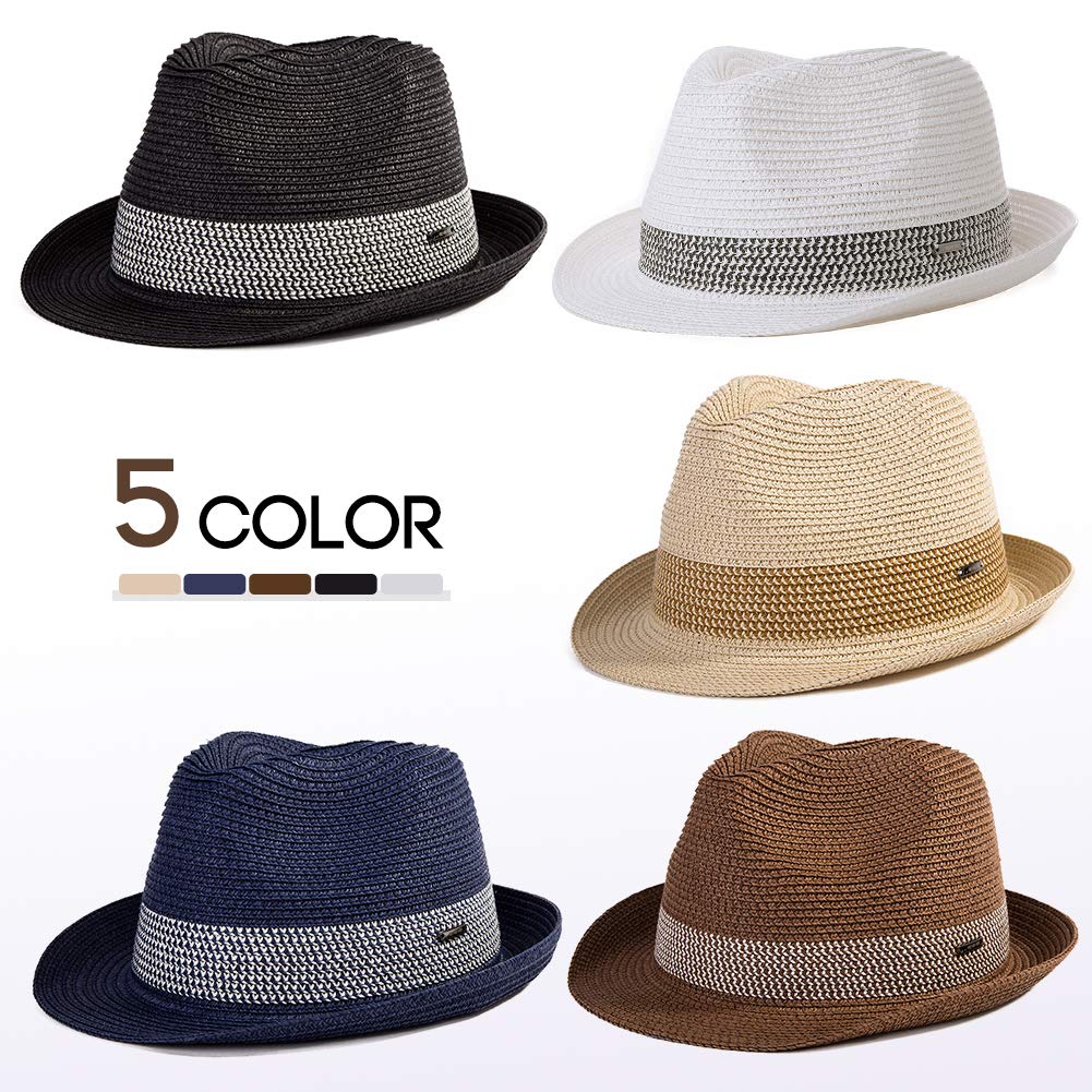 Fancet Packable White Straw Fedora Panama Sun Summer Beach Derby Hat Cuban Trilby Men Women Medium