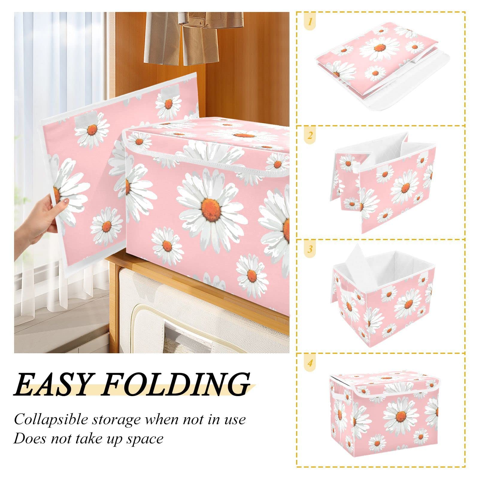 GUIJI Chamomiles Pink Fabric Storage Bins with Lids and Handle,Foldable Storage Bins with Lids,Closet Organizers for Clothes Storage,Room Organization, Office Storage, Chest Organizer