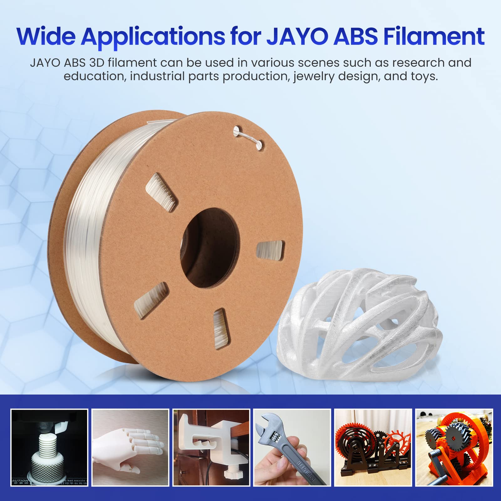 JAYO ABS 3D Printer Filament, Impact and Heat Resistant ABS Filament 1.75mm Dimensional Accuracy +/- 0.02mm, 0.65KG Cardboard Spool 3D Printing Material Fits FDM Printers, ABS Transparent 650G