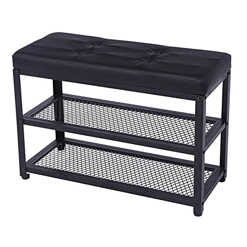 NA with Soft Cushion Stool Three-Layer Shoes Stool Frame 3-Layer Shoe Rack for Entrance PU Leather Metal Frame Suitable for Living Room Corridor 70 × 30 × 45cm Black