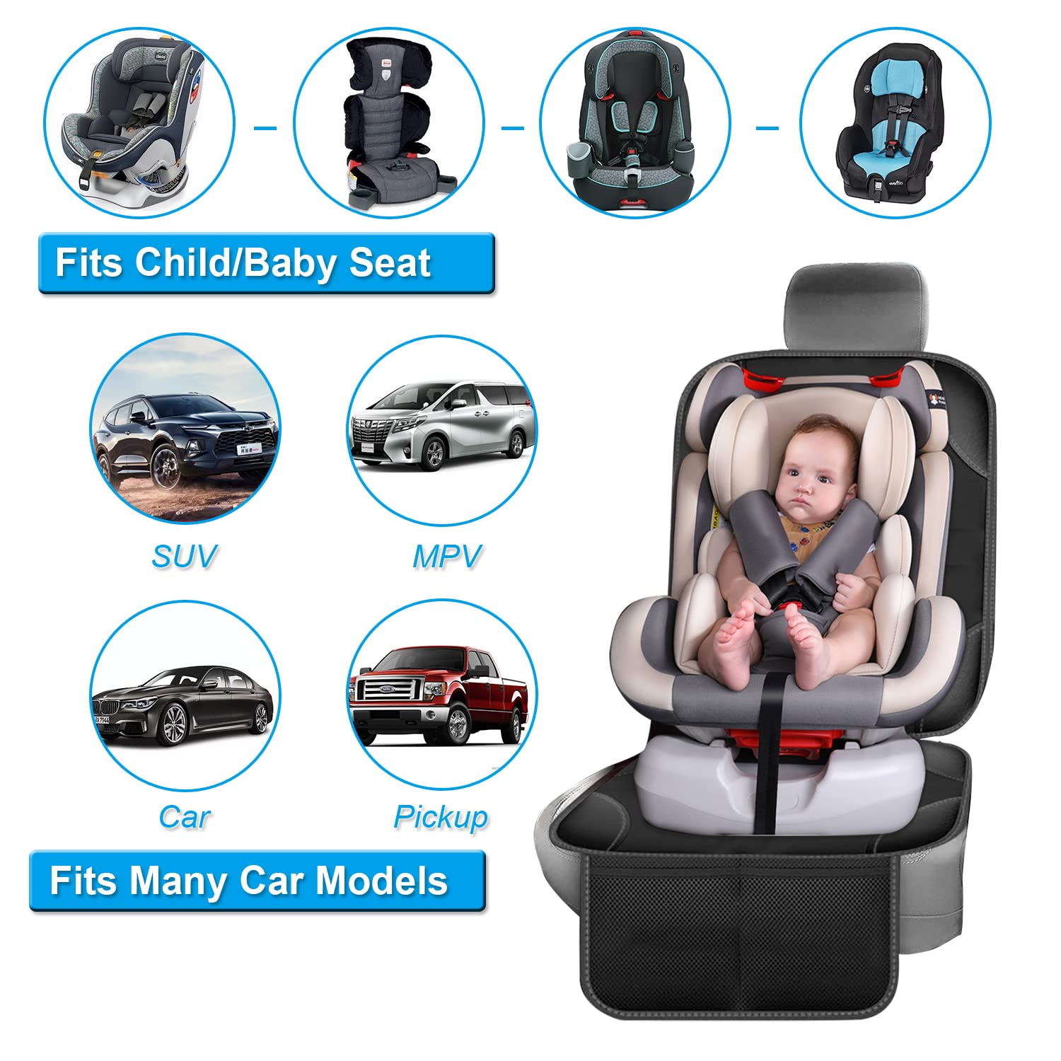 KOHUIPU Thick Padding Car Seat Protector for Child and Pet, Non-Slip Backing with Mesh Pockets - Car Seat Protection Solution
