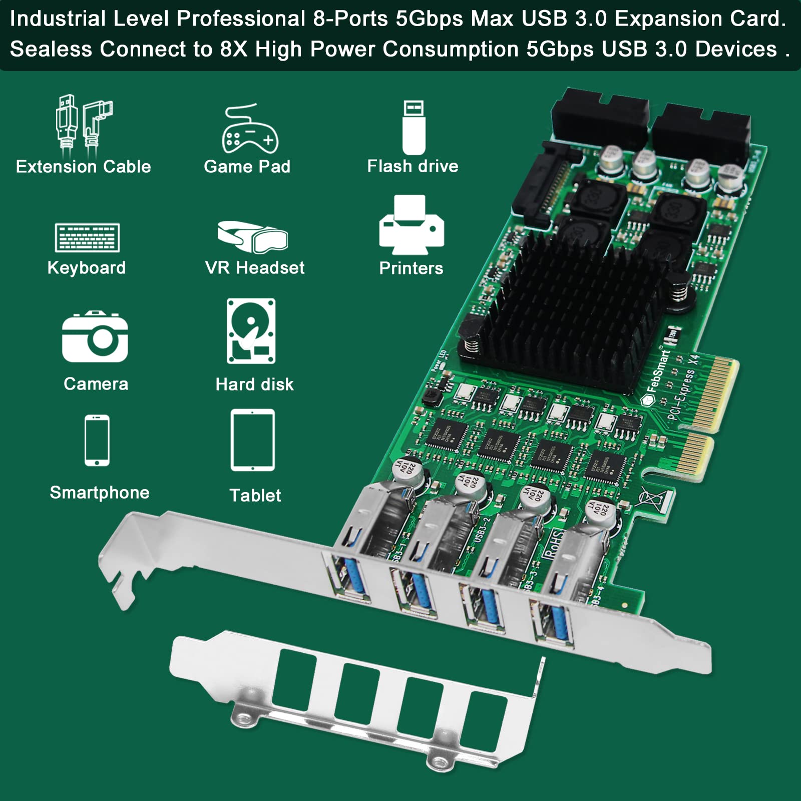 FebSmart 8-Ports PCIE Superspeed 5Gbps USB 3.0 Card for Windows and Linux Desktop PCs, 4X Dedicated 5Gbps USB 3.0 Channel 20Gbps Bandwidth, Built in FebSmart Self-Powered Technology (FS-4C-U8S-Pro)