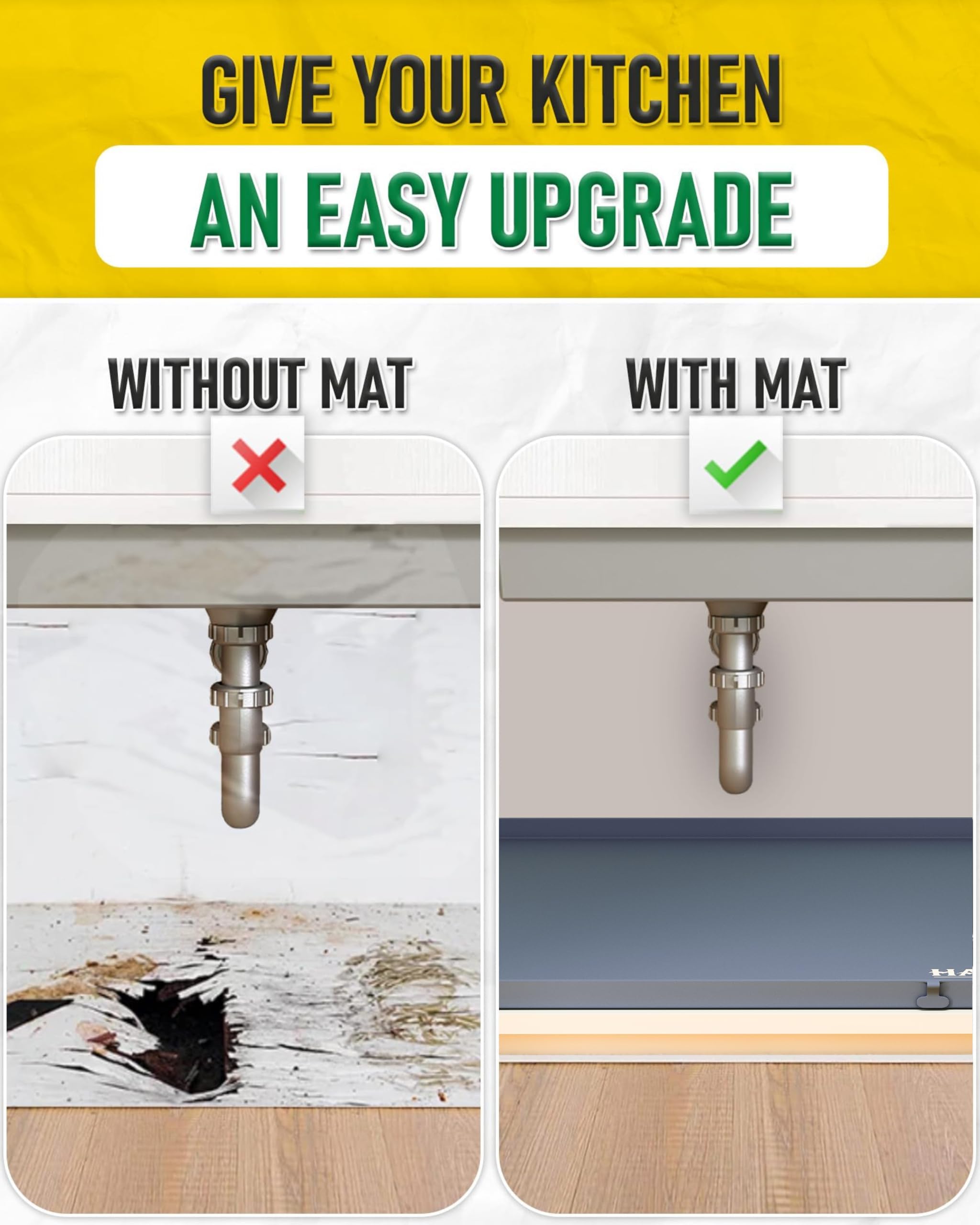 HALEEMS Under Sink Mat with Unique Drain Hole Design - Silicone 34'' X 22'' Under Sink Mats for Bottom of Kitchen Sink - Kitchen Cabinet Mats Hold up to 3 Gallons Liquid, Protector Tray, Easy to Clean
