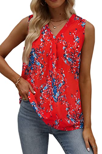 MIDOSOO Summer Tank Tops for Women Elegant Chiffon Sleeveless Shirts Fold Pleated Blouses Floral Red Medium