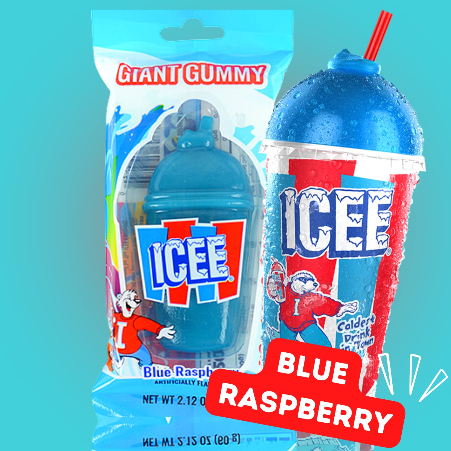Giant ICEE Gummy Candy, Individually Wrapped Cherry and Blue Raspberry Flavored Gummies, Gift Basket Fillers or Birthday Party Favors, Pack of 2, 2.12 Ounces