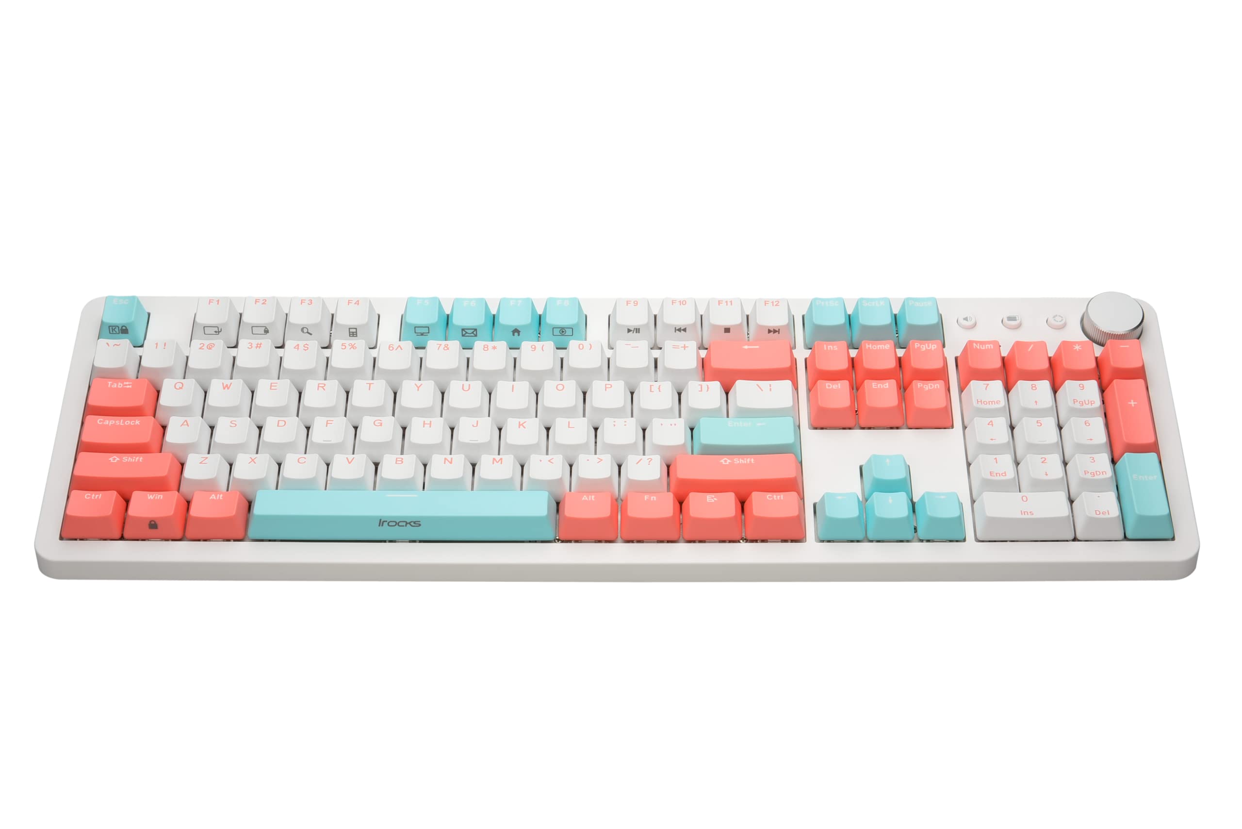 i-rocks K73M Mechanical Gaming Keyboard with Media Control Knob, 107 Keys, PBT Keycaps, Multimedia Hotkeys, Detachable USB-C Cable (Cherry MX Brown Switches, Mint Peach)