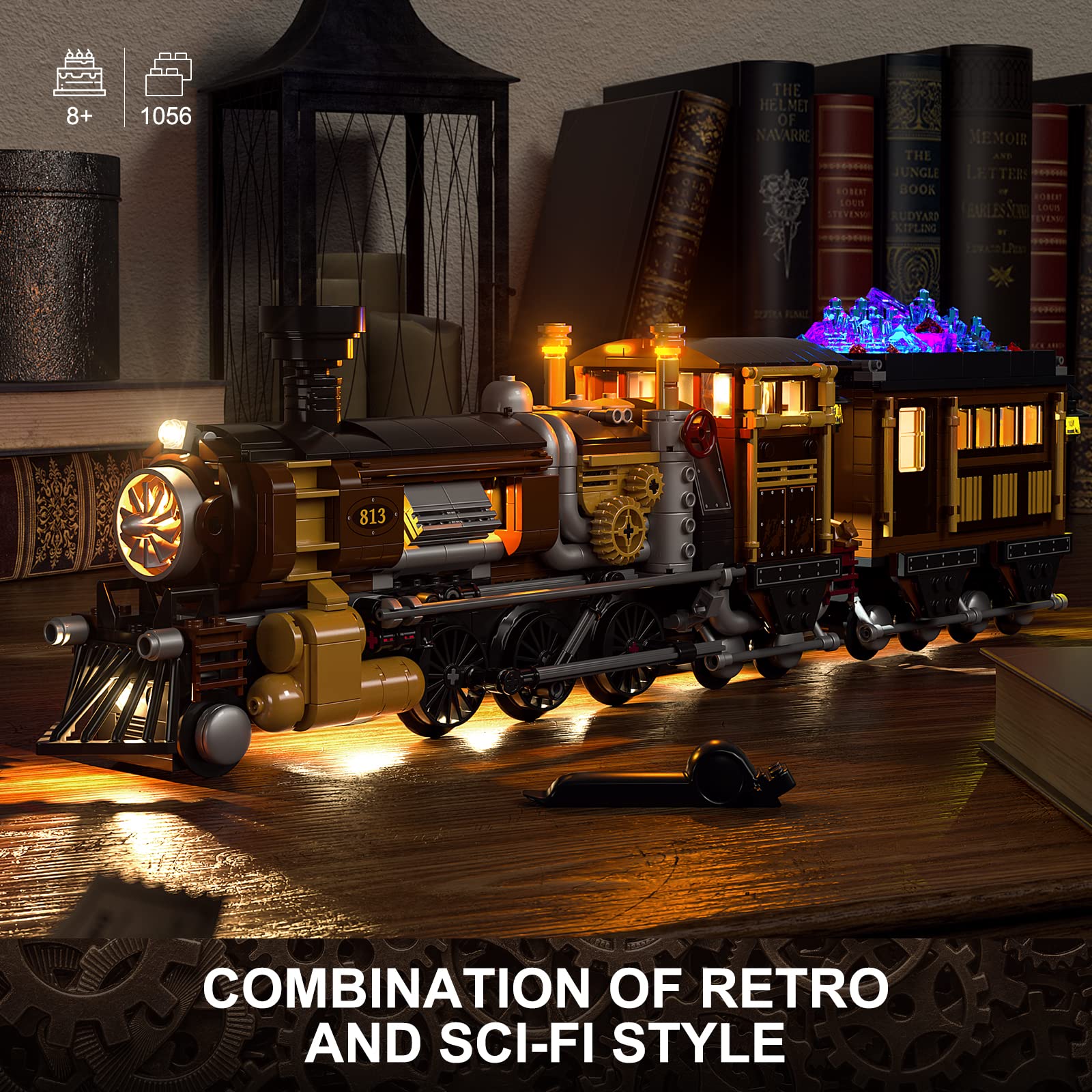 FUNWHOLE Train Lighting Building Bricks Set - Steampunk Ore Train LED Light Building Set 1056 Pieces for Adults and Teens