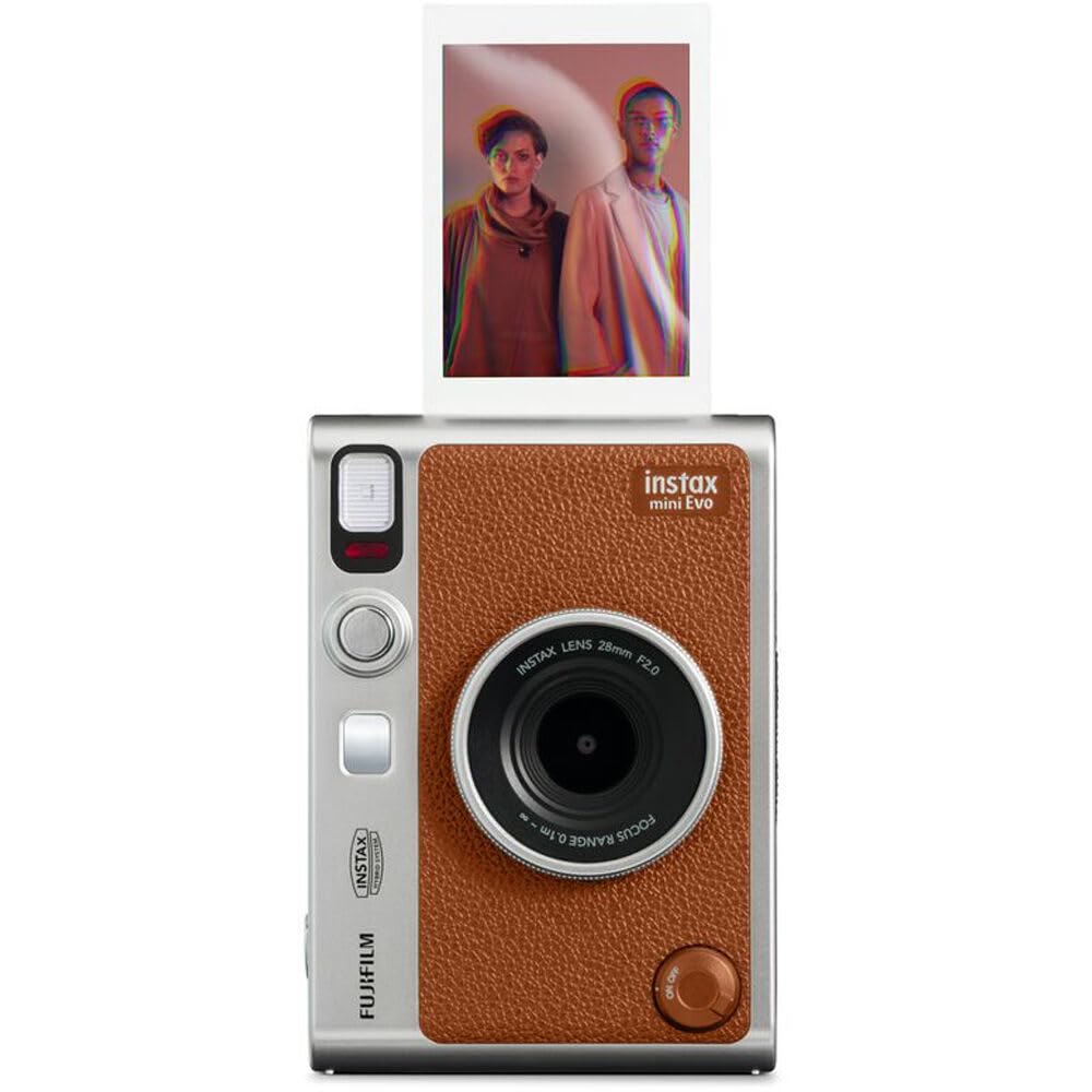 Fujifilm INSTAX Mini EVO Hybrid Instant Camera (Brown) Bundle, Includes: 60 INSTAX Mini Film (60 Exposures), SanDisk 32GB MicroSDHC Memory Card and More (5 Items)