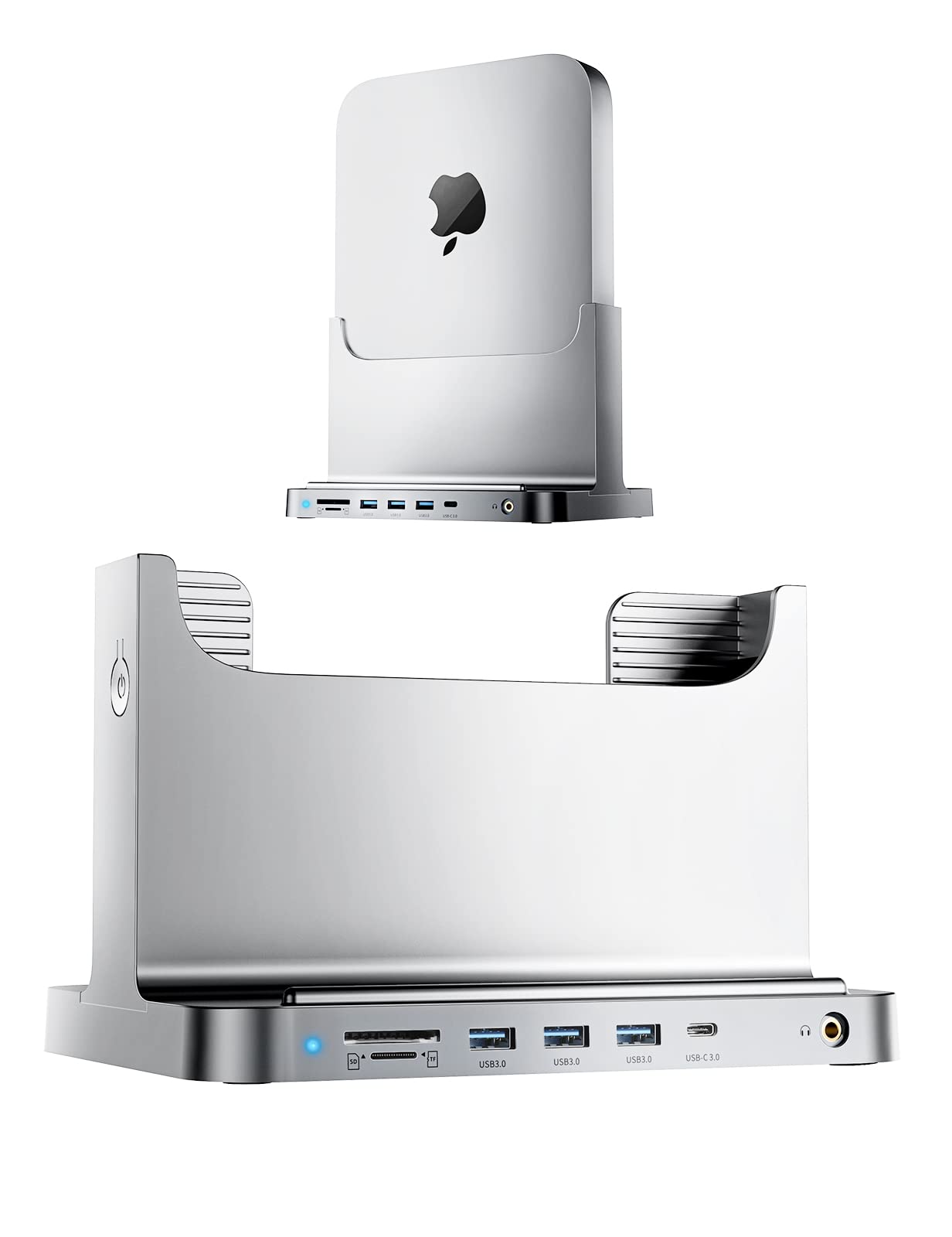 Mac Mini Stand Space, Dofuhem Silver ABS Dock for Mac Mini, 8-in-1 Dock Station Holder with Power Adapter, USB 3.0 Ports/USB Hub for Data Transfer TF/SSD Slot Audio Jack/SD Card Reader HDD